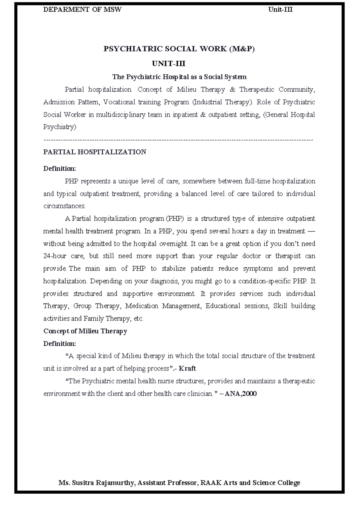 PSW Unit 3 - Psychiatric Social Work Concepts and Practices - Studocu