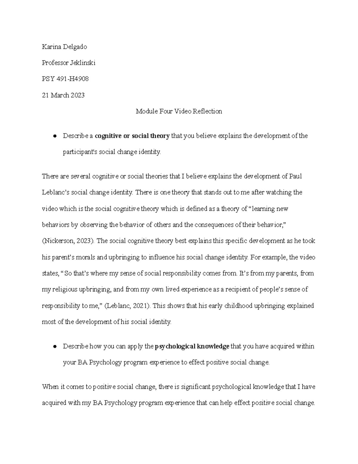 PSY 491: Module 1 Video Reflection on Social Change Identity - Studocu