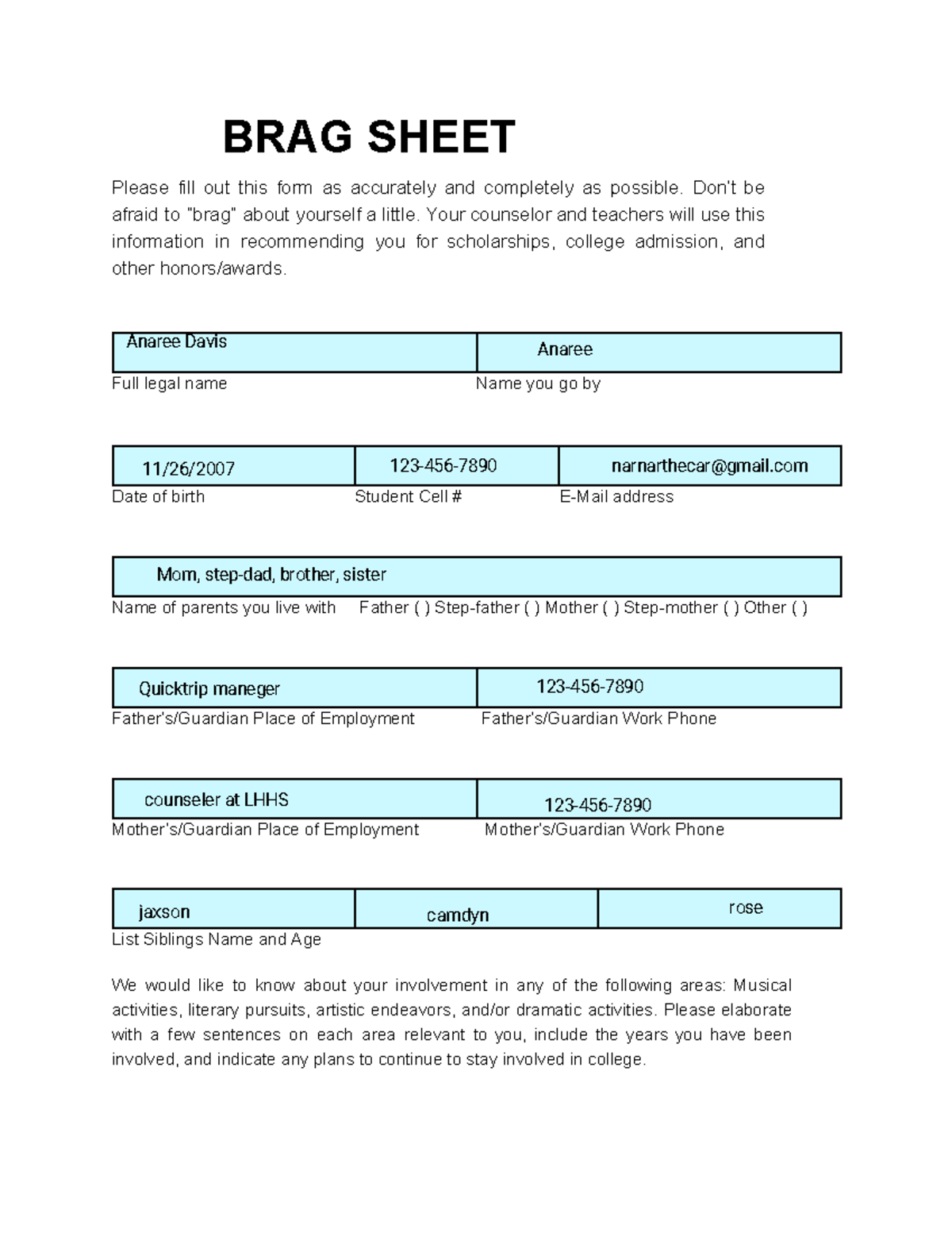 FCHS Senior Brag Sheet - Personal Information & Achievements - Studocu