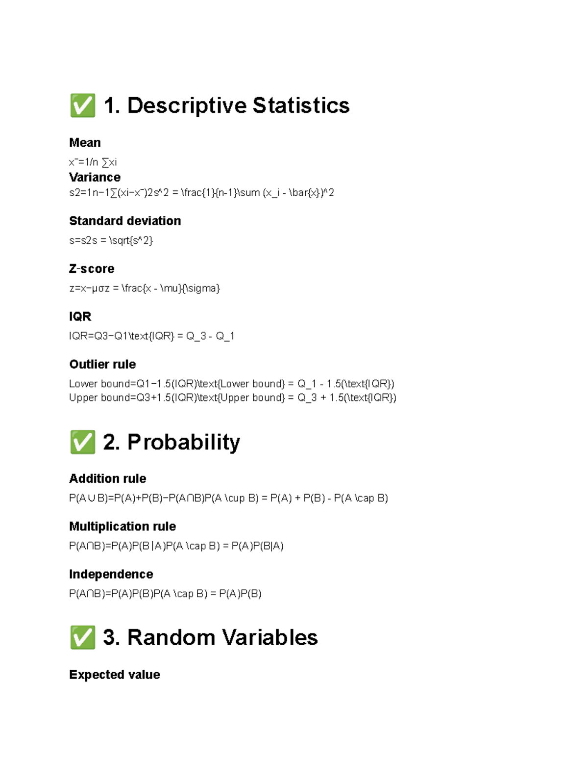 Statistics Formulas for Midterm Exam (STAT 101) - Studocu