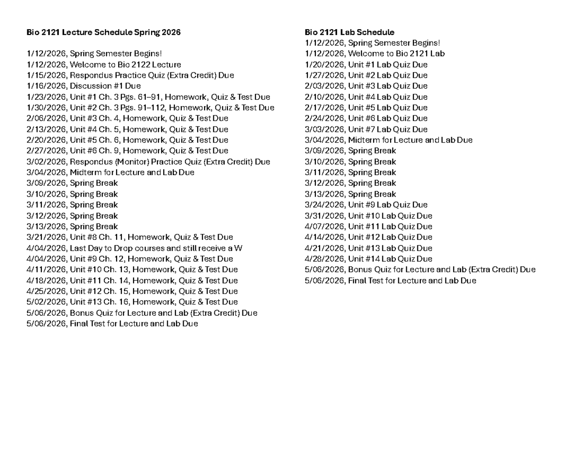Bio 2121 Lecture & Lab Schedule Spring 2026 - Important Dates - Studocu