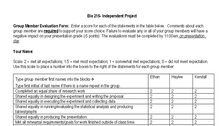 Bio 215 - Group Member Evaluation Form for Independent Project - Studocu