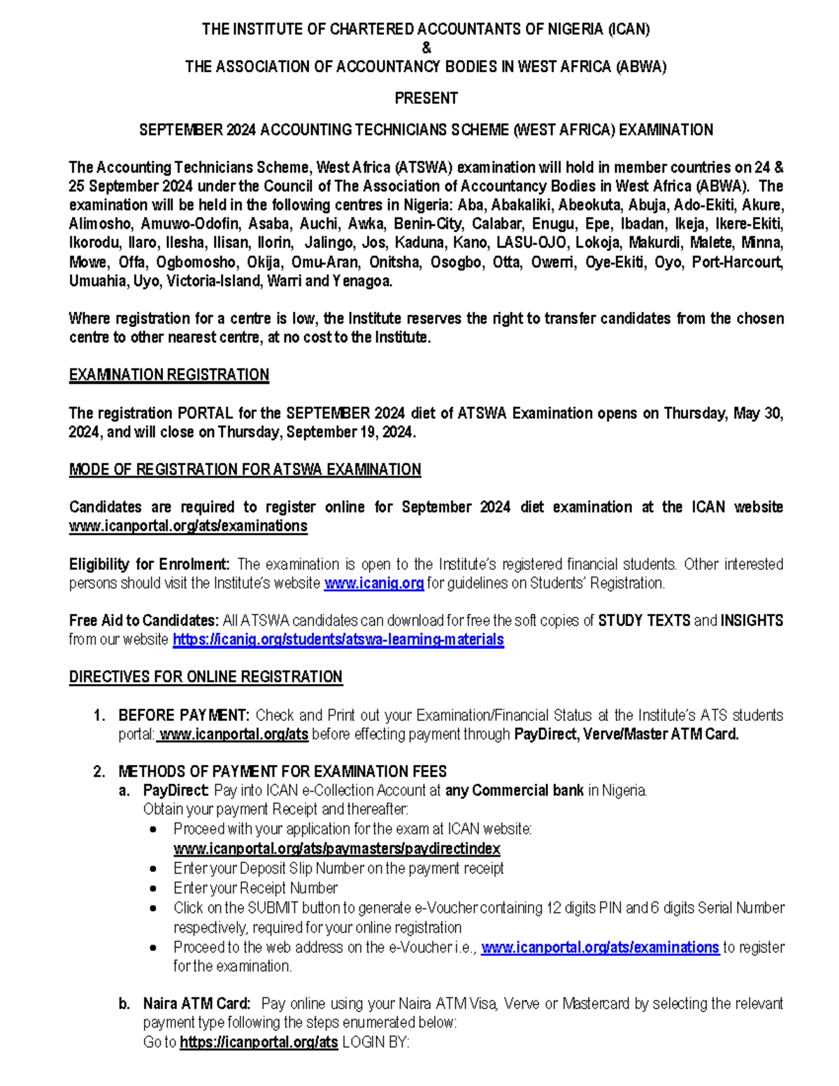September 2024 ATSWA Examination Registration Guidelines - Studocu