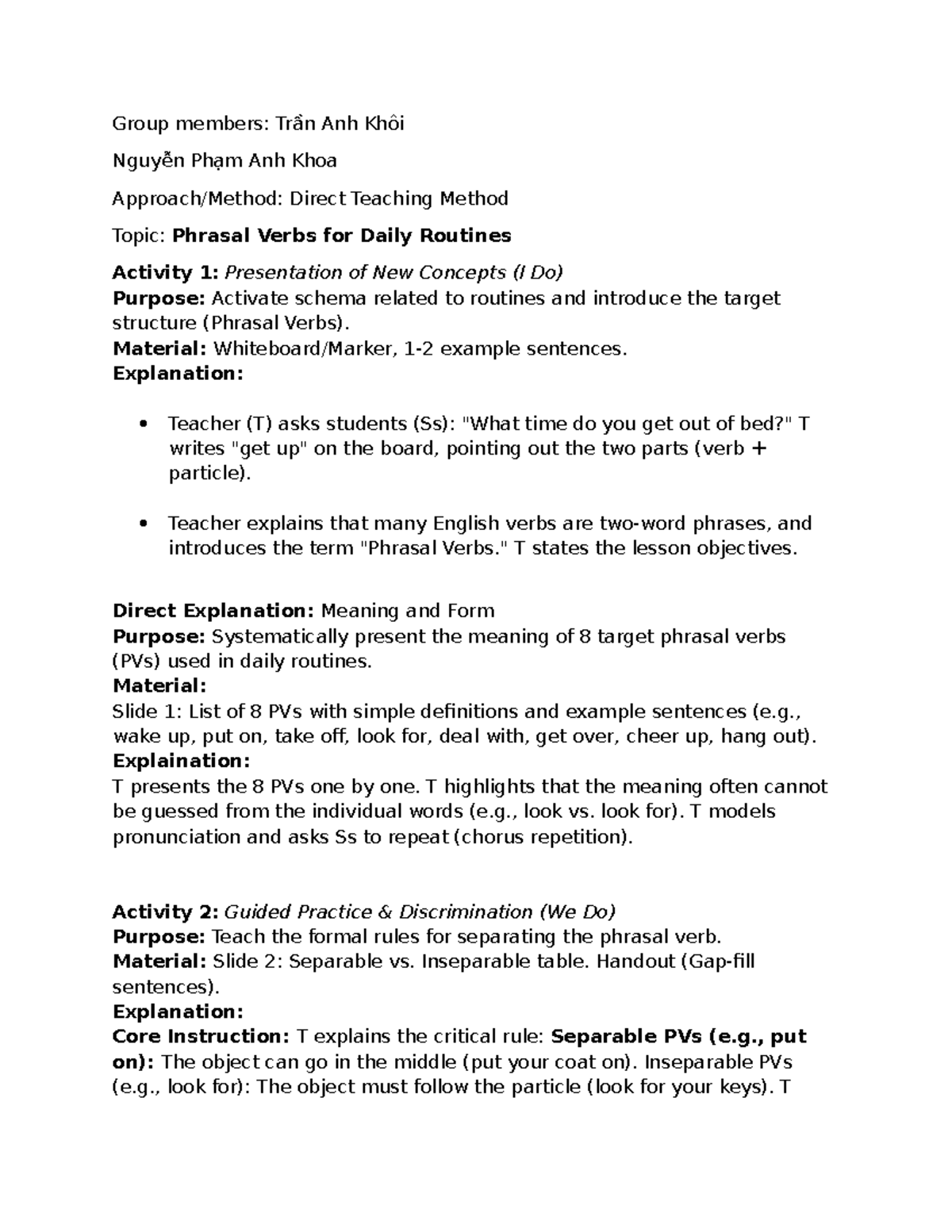 Lesson Plan: Direct Teaching of Phrasal Verbs for Daily Routines - Studocu