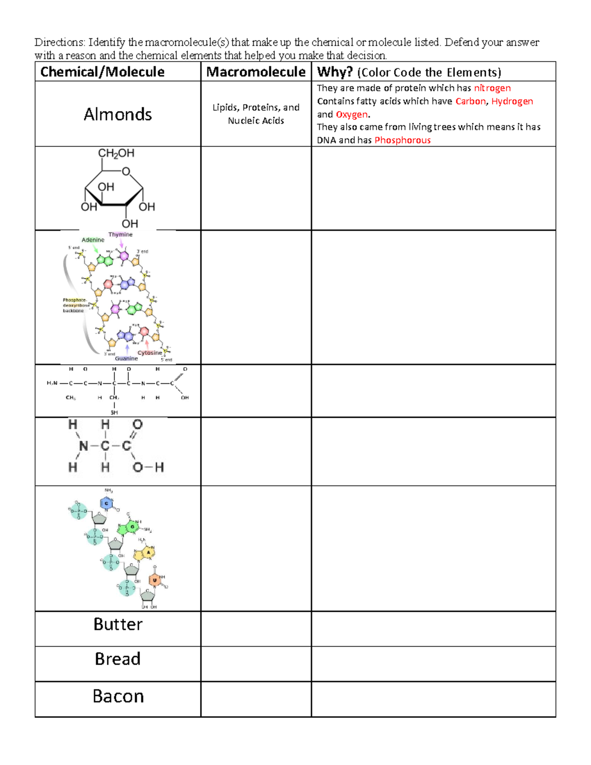 biomolocule work - Directions: Identify the macromolecule(s) that make ...