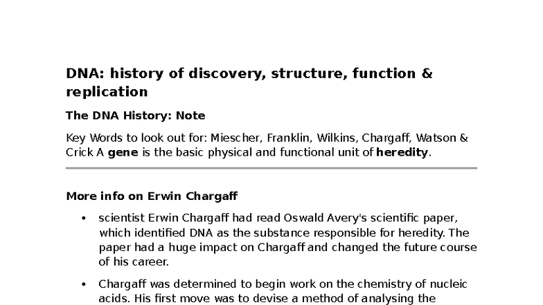 DNA - history of discovery, structure, function & replication - DNA: history of discovery, - Studocu
