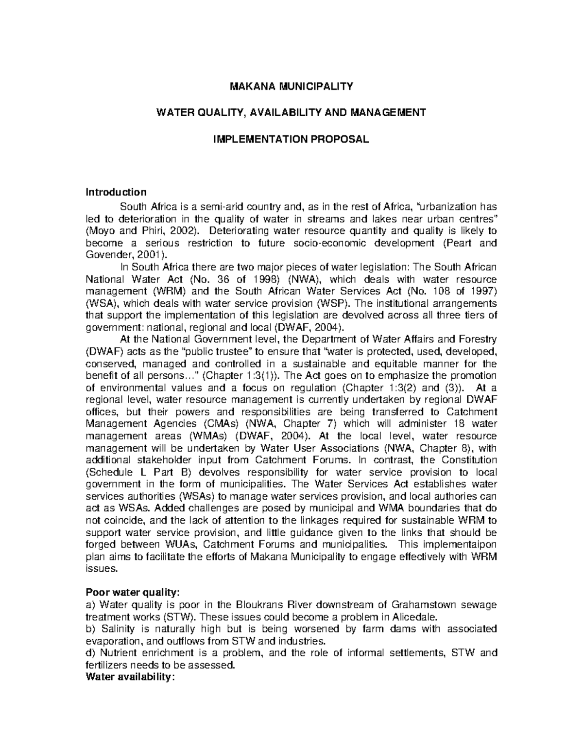 Imp8 Water Quality and Quantity - MAKANA MUNICIPALITY WATER QUALITY, AVAILABILITY AND MANAGEMENT ...