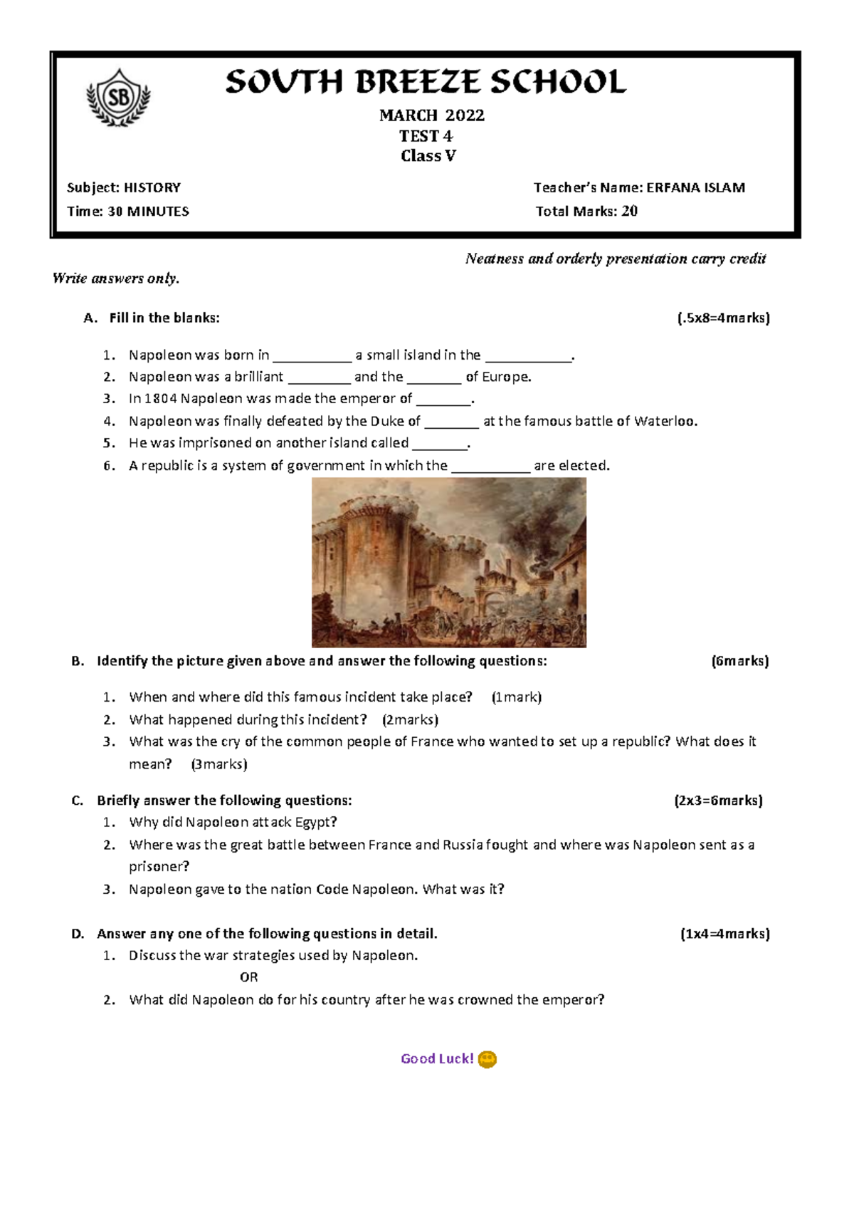 HIST 2022 MARCH TEST 4 - Class V History Exam Questions - Studocu