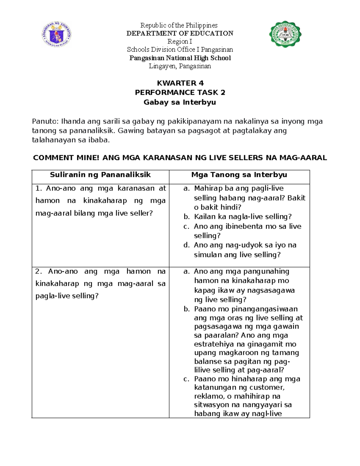 KWARTER 4 PERFORMANCE TASK 2: Mga Karanasan ng Live Sellers - Studocu
