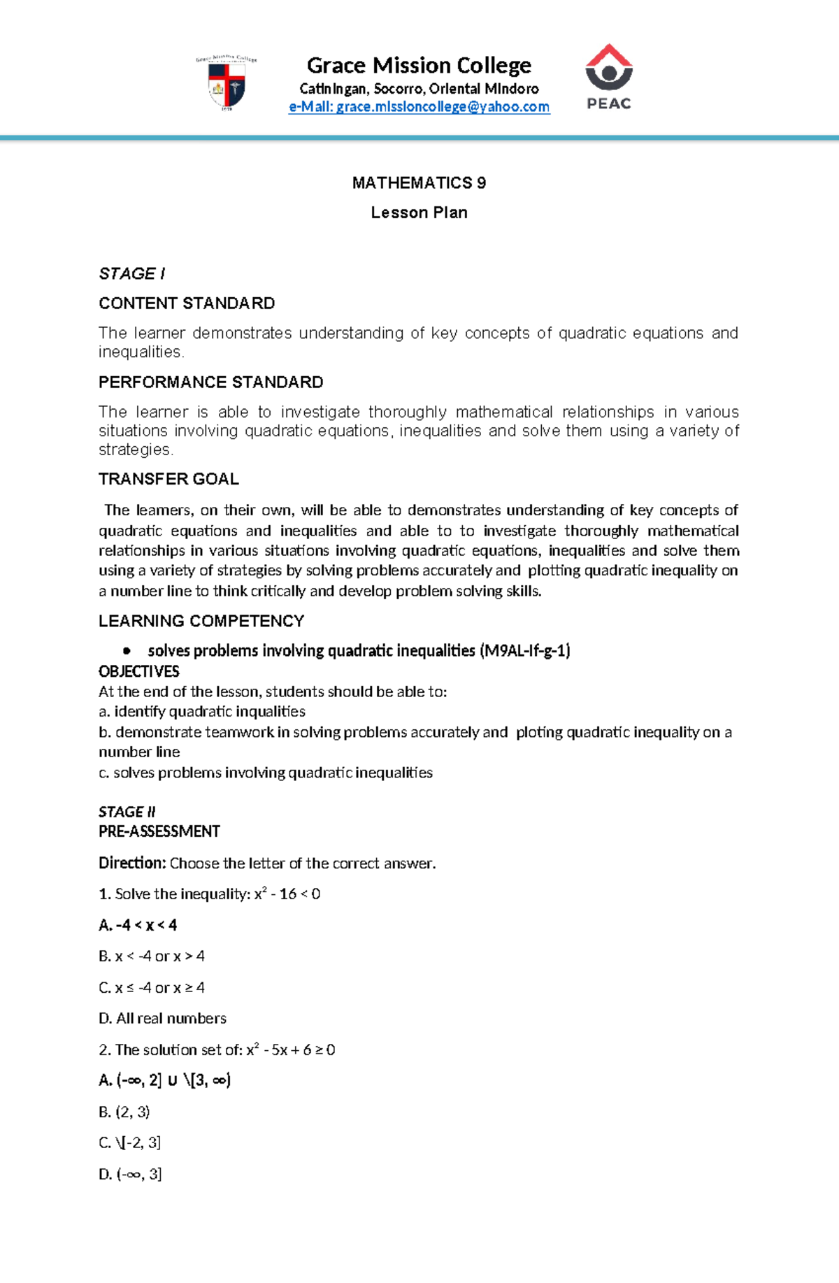 MATHEMATICS 9 Lesson Plan: Quadratic Equations & Inequalities - Studocu