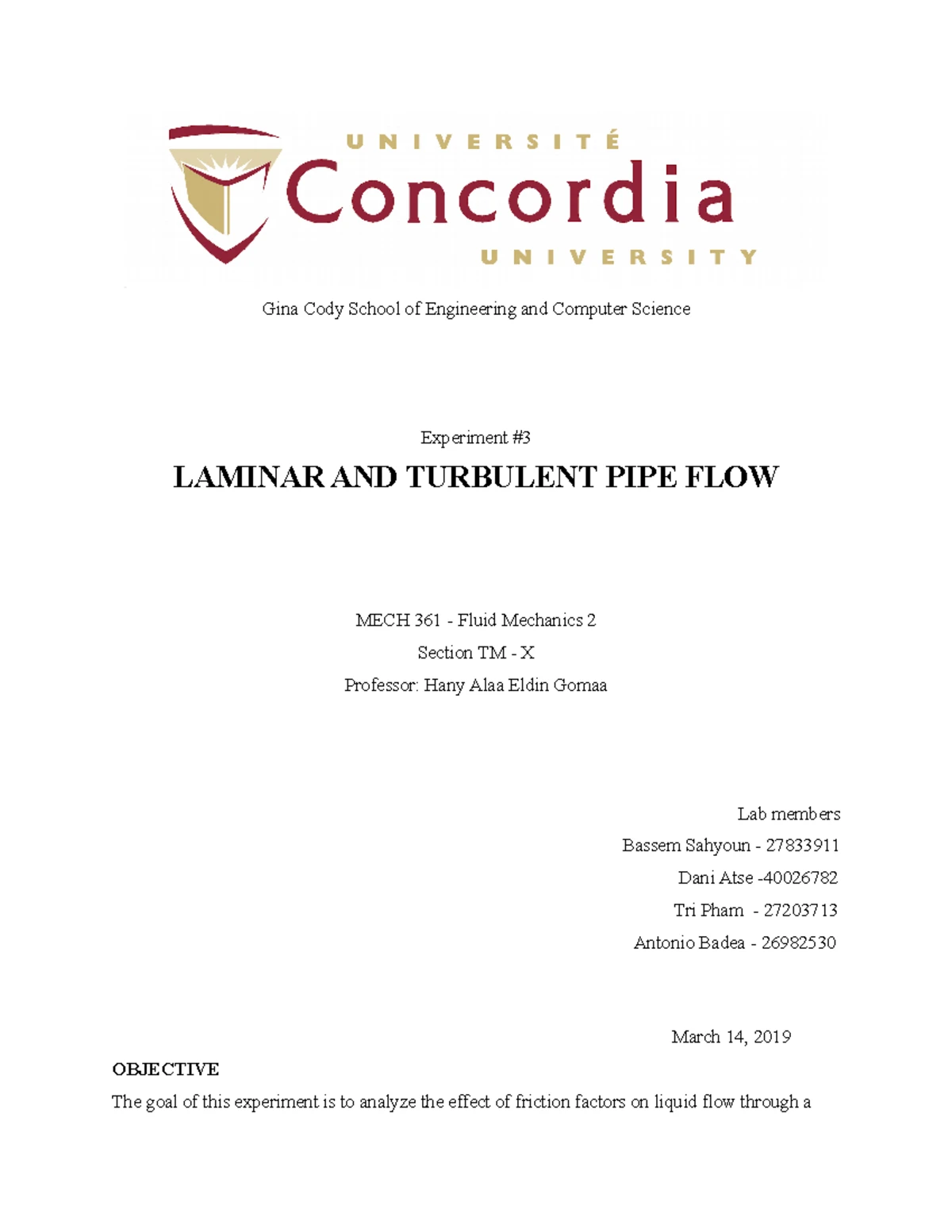 Tutorial 8 - Viscous flows - QA - MECH 361 - X Fluid Mechanics II (Fall 20 23) Tutorial # 8 ...