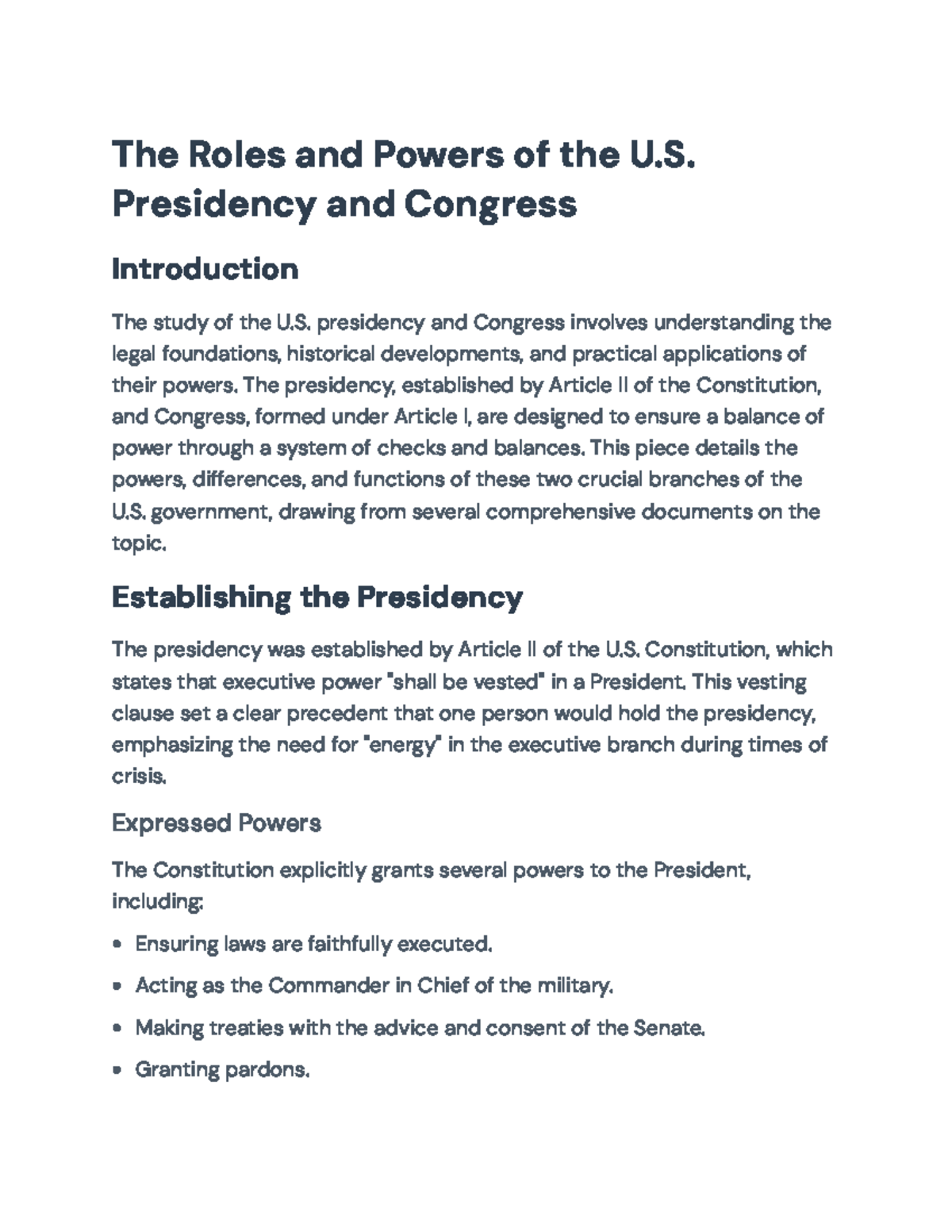 The Roles and Powers of the U.S. Presidency and Congress: An Overview ...