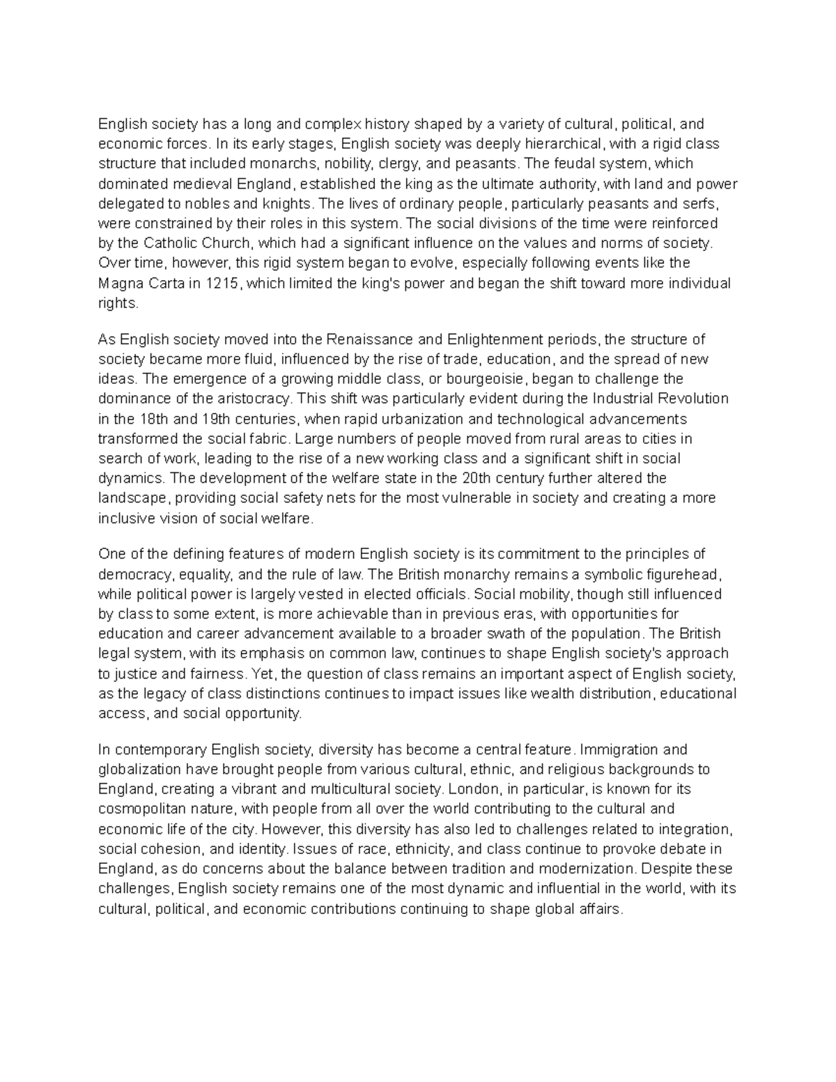 English Society: A Historical Overview of Class and Culture - Studocu