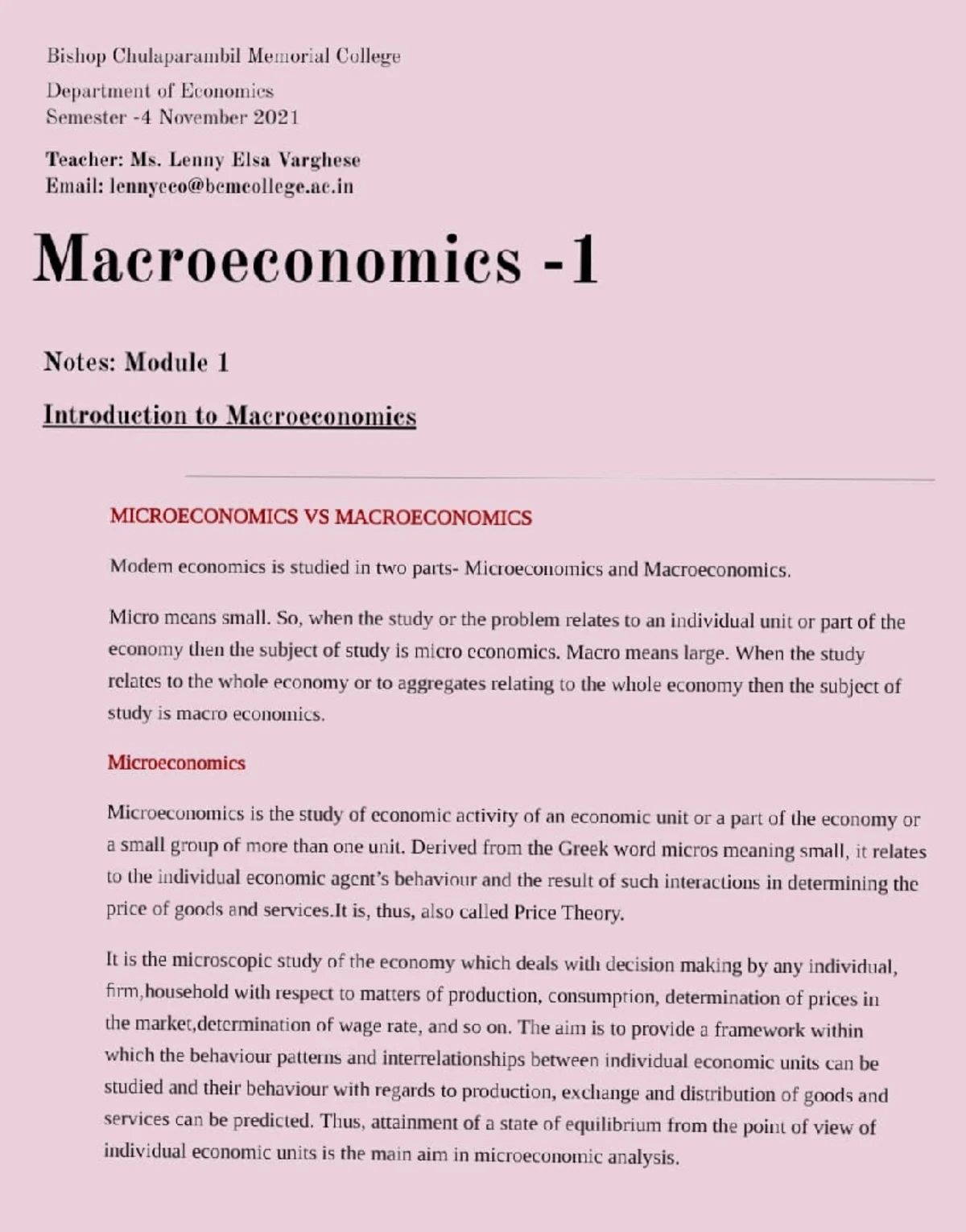Class notes for micro economics - Semester- Macroeconomics- Static and ...