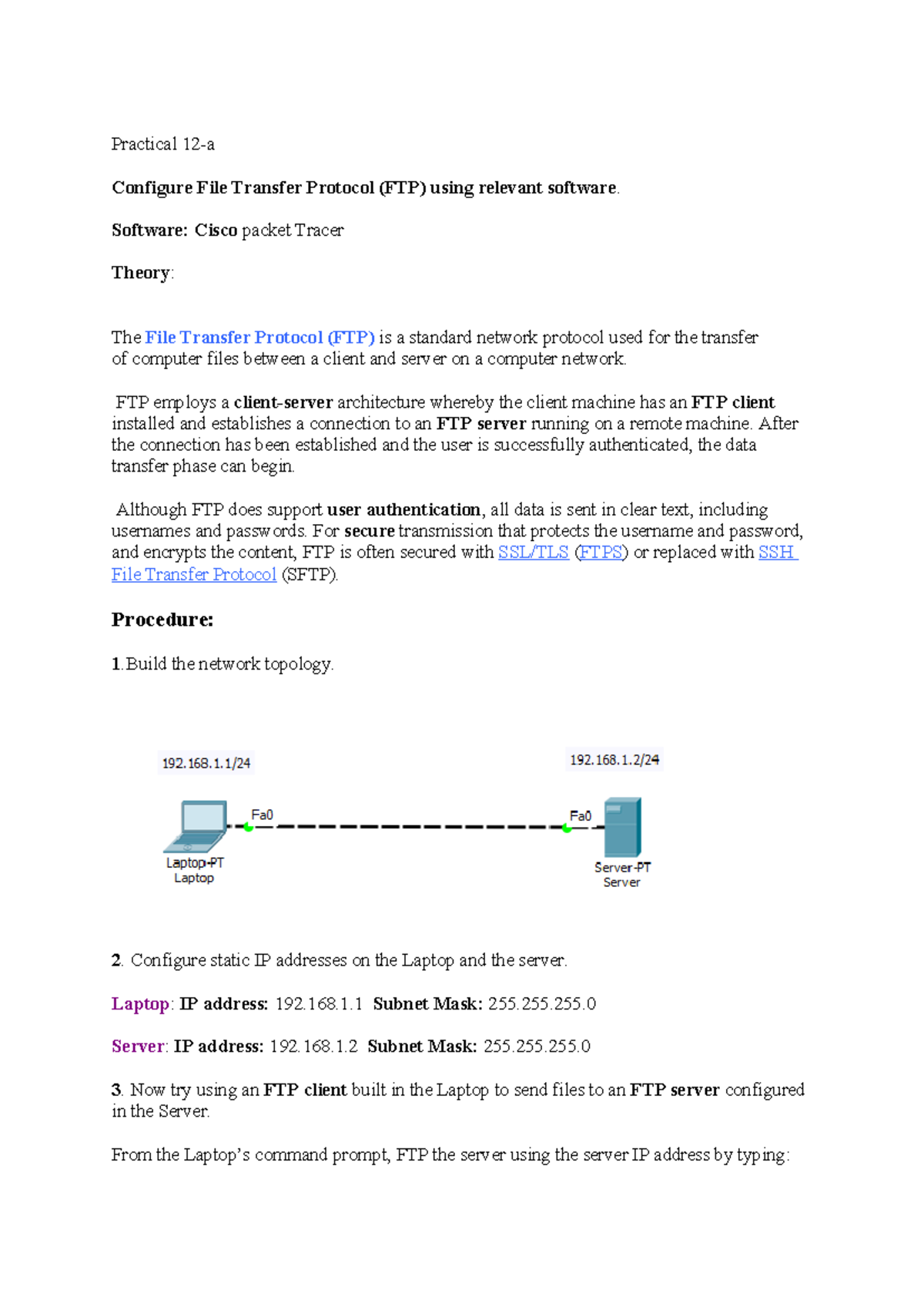 Practical 12-A: Configuring FTP using Cisco Packet Tracer - Studocu