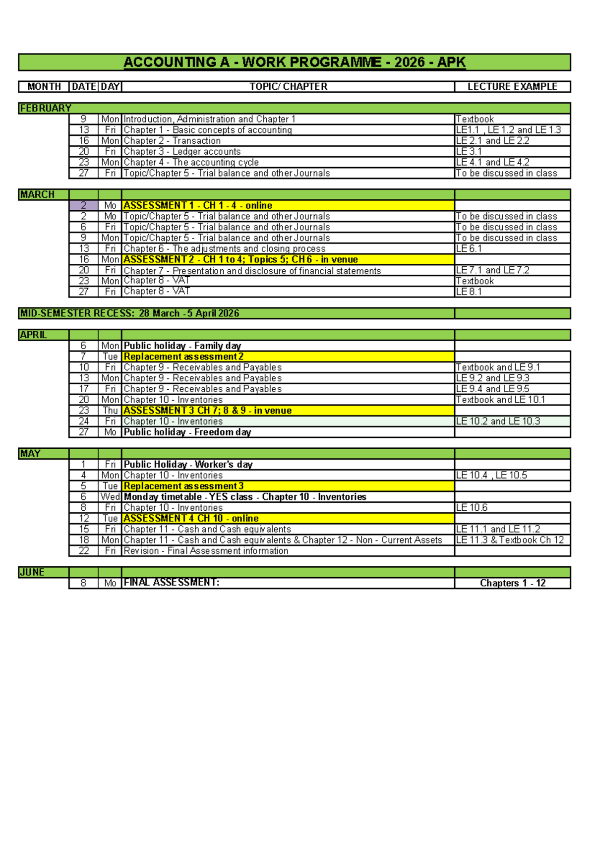 Accounting A 2026 - Work Programme and Lecture Schedule - Studocu