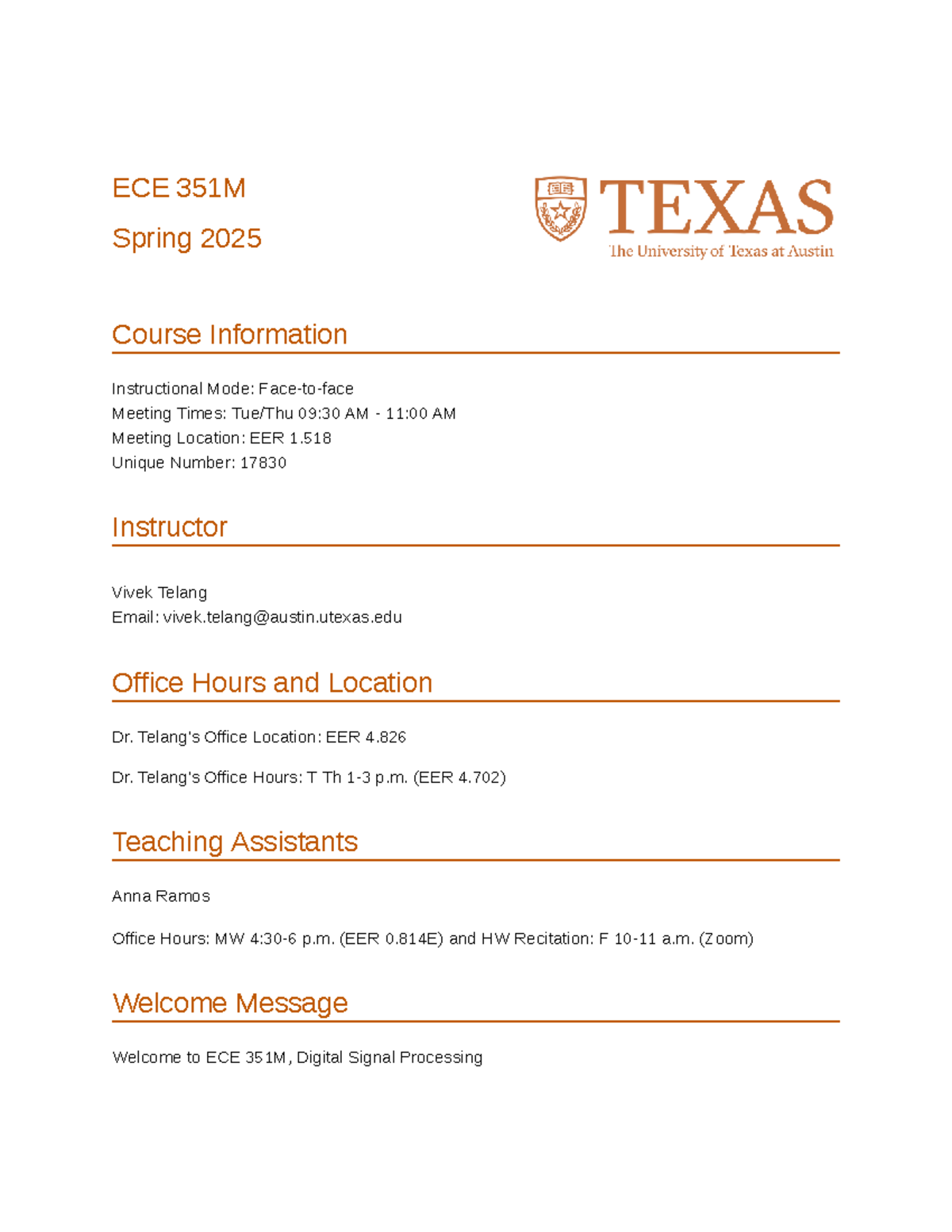 ECE 351M Spring 2025 Syllabus: Digital Signal Processing Overview - Studocu