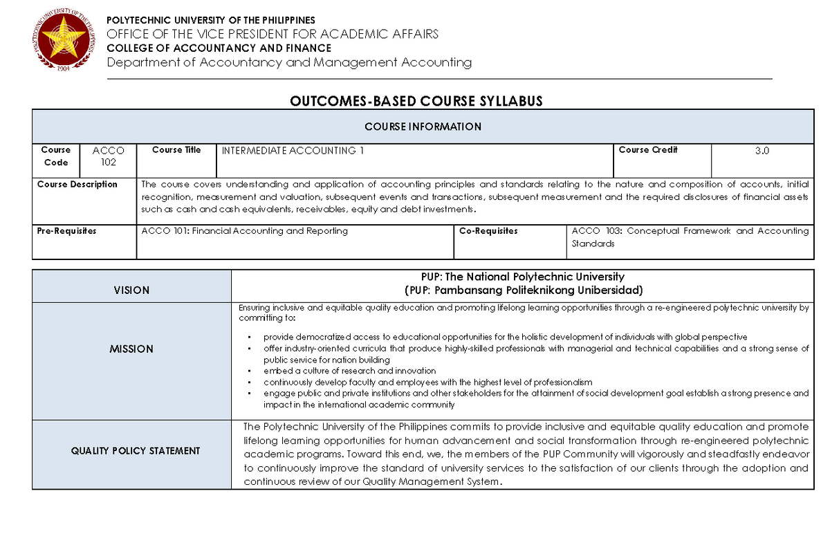 CAF ACCO 102: Intermediate Accounting 1 Course Syllabus - Studocu