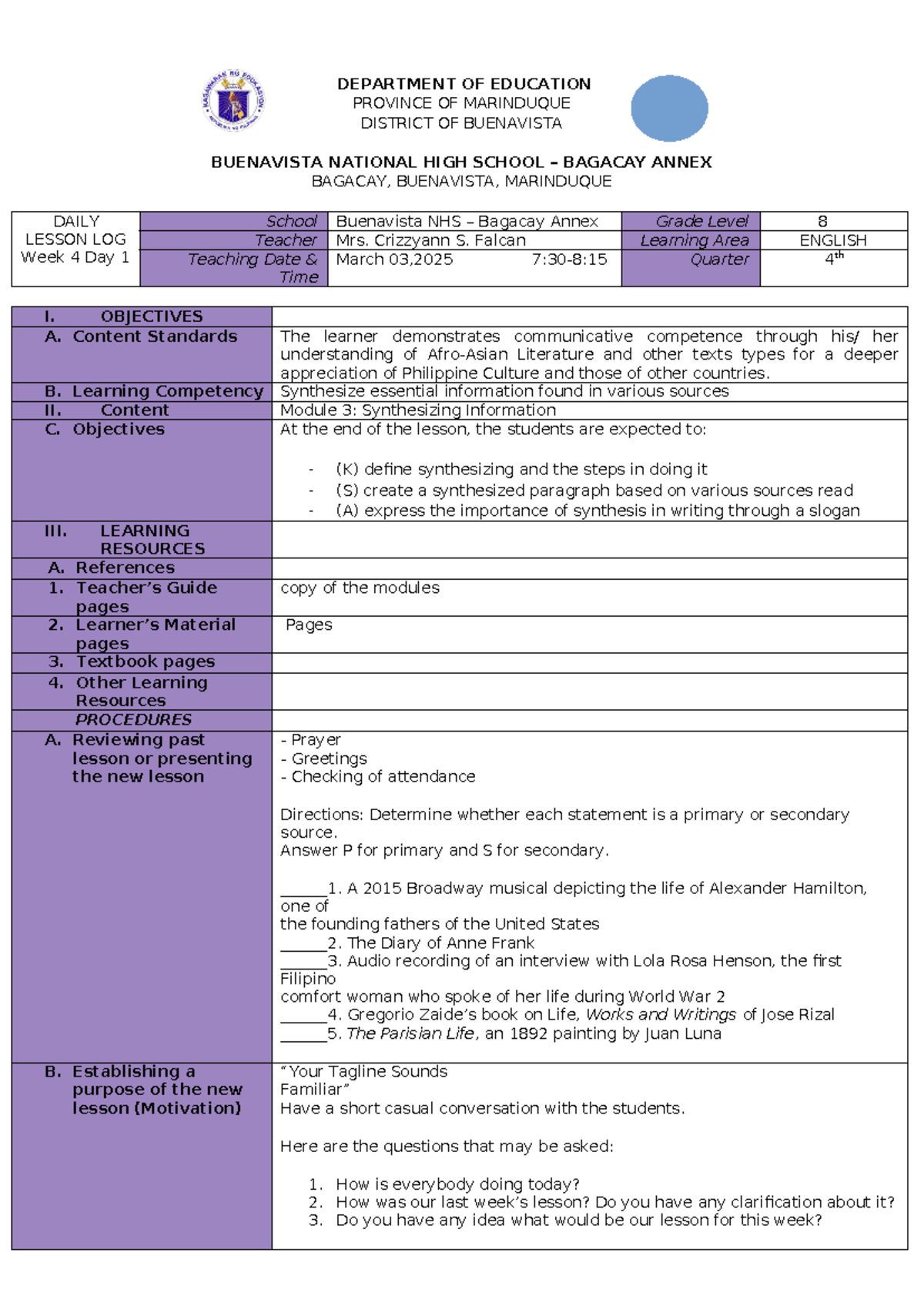 Synthesizing essential information from various sources - DEPARTMENT OF ...
