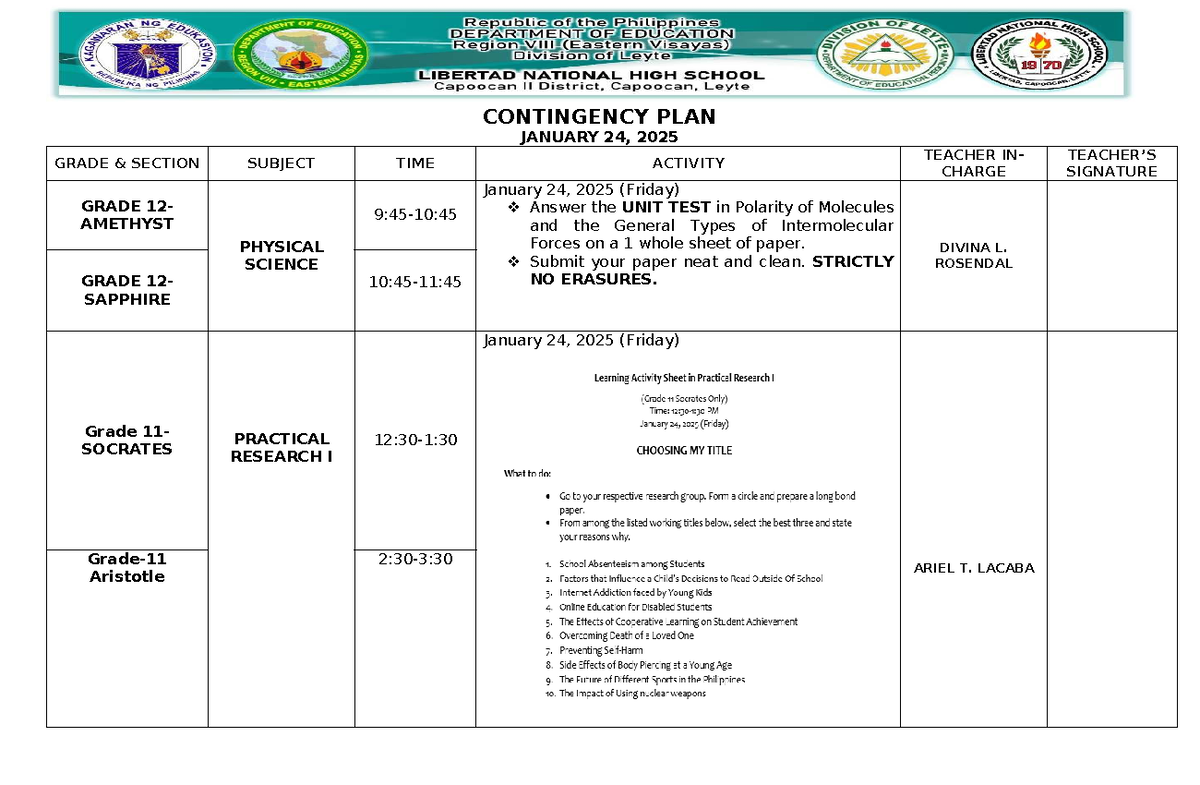 Contingency PLAN No 5 - plan - CONTINGENCY PLAN JANUARY 24, 2025 GRADE ...