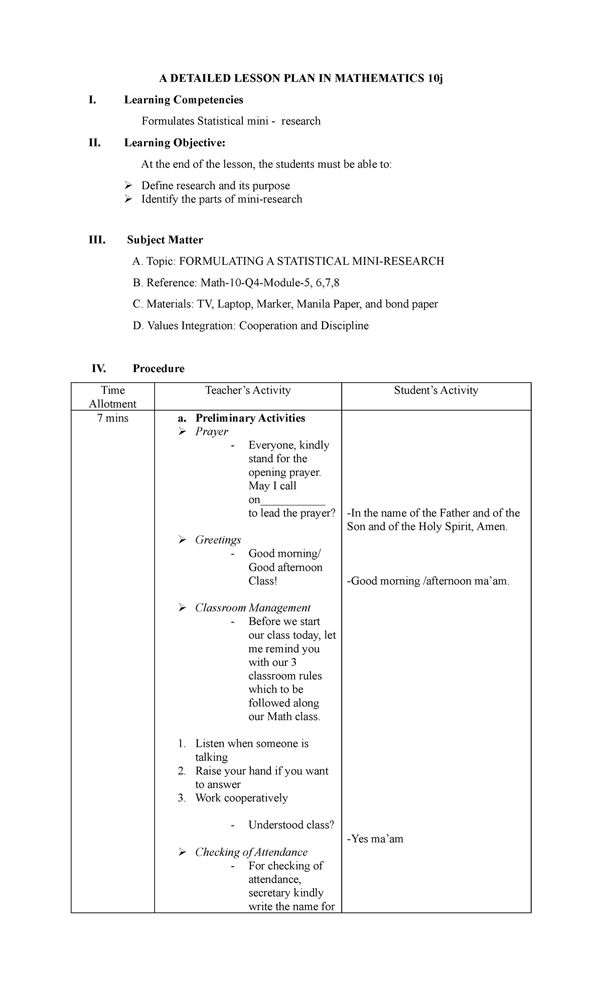 Lesson Plan for Formulating Statistical Mini-Research in Math 10 - Studocu