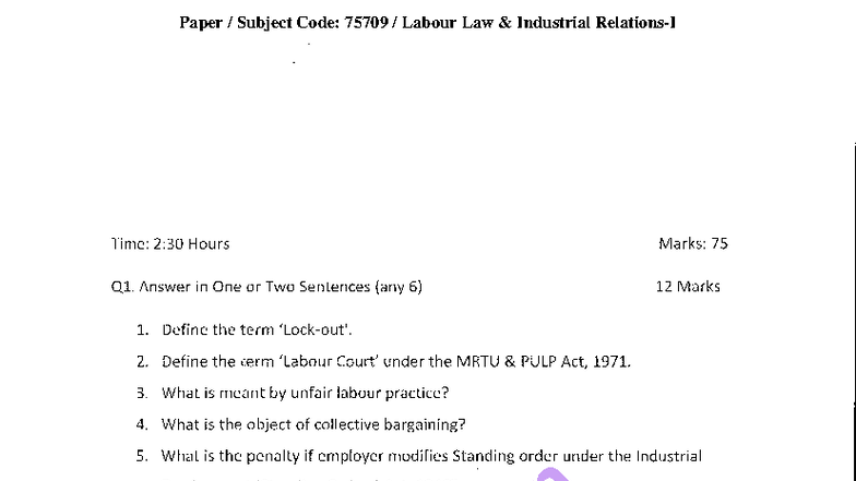 Labour Law Industrial Exam Paper - 75709 - 75 Marks - Studocu
