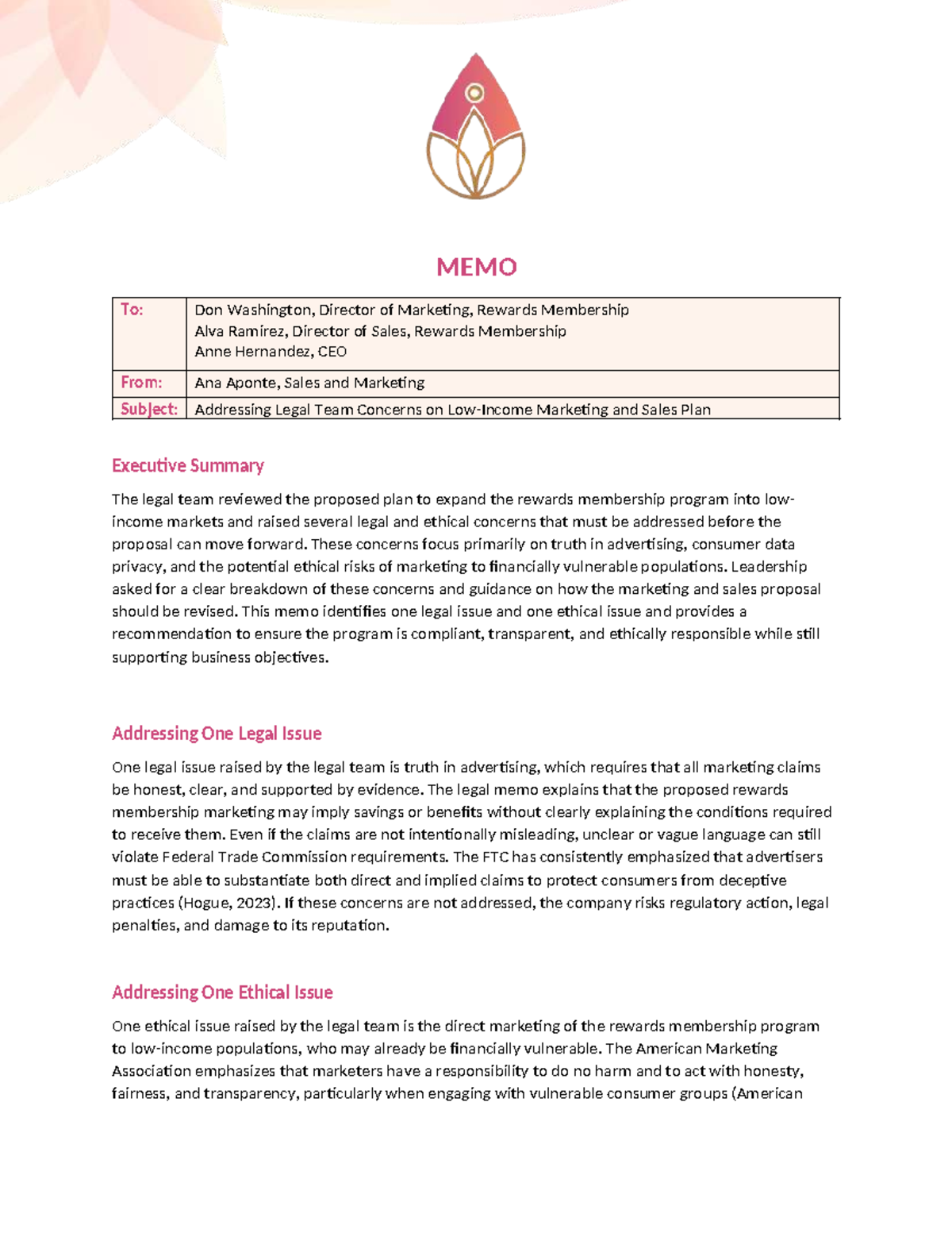 MBA 500 Project Three Milestone: Addressing Legal & Ethical Concerns ...