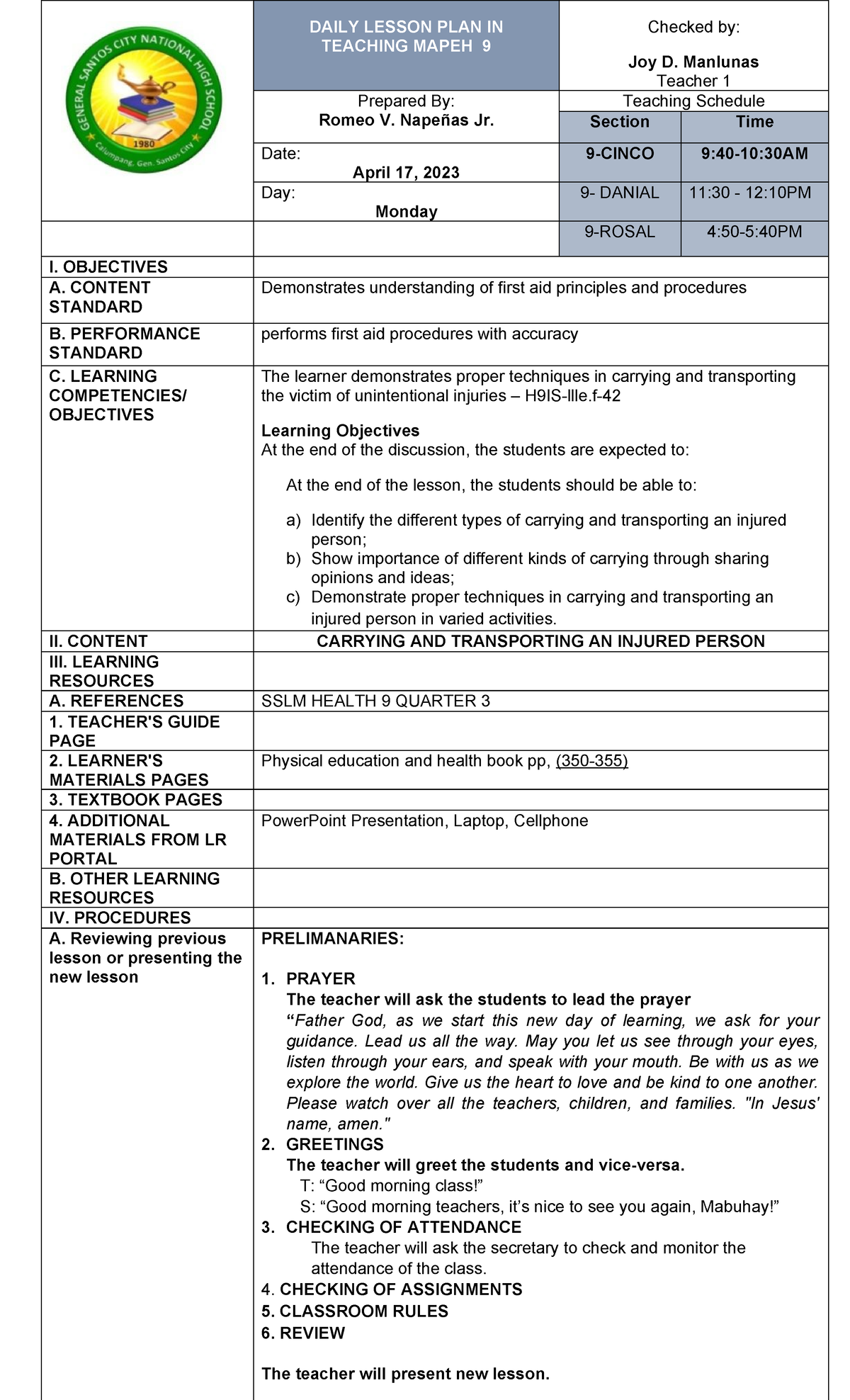 DAILY LESSON PLAN FOR MAPEH 9: FIRST AID TEACHING GUIDE - Studocu