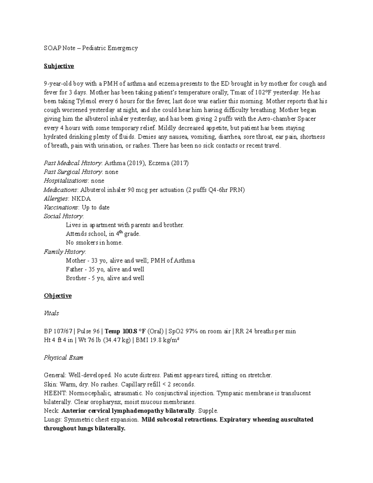 Pediatric Emergency Asthma Soap Note - SOAP Note – Pediatric Emergency ...