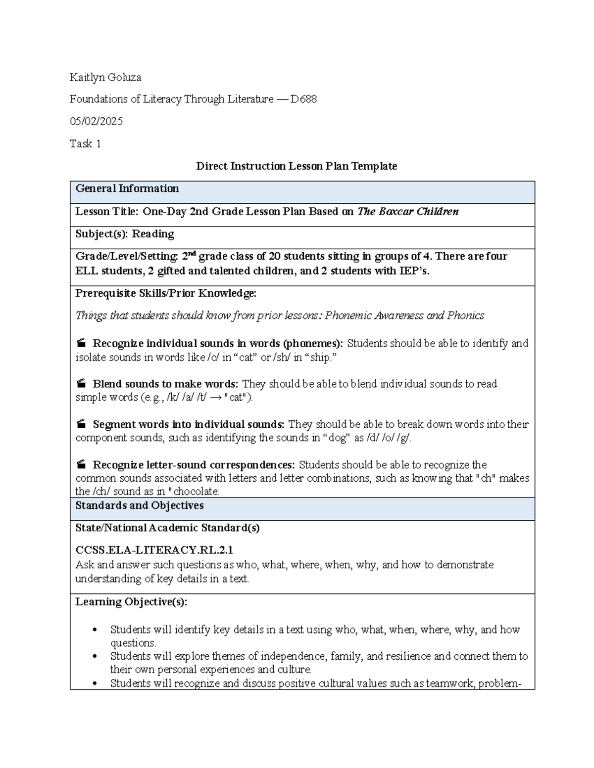 D688 Final Exam: 2nd Grade Direct Instruction Lesson Plan on The Boxcar ...