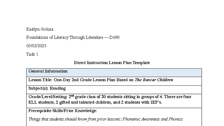 D688 Final Exam: 2nd Grade Direct Instruction Lesson Plan on The Boxcar ...