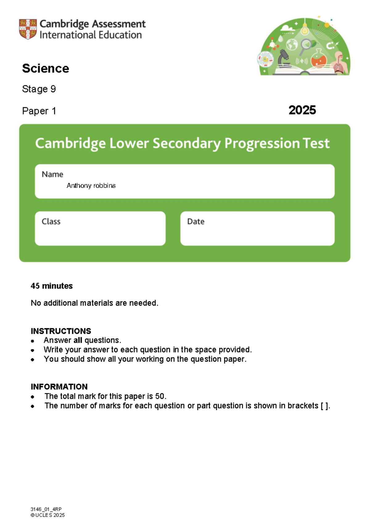 Science Stage 9 2025 Paper 1 Exam Questions and Instructions - Studocu