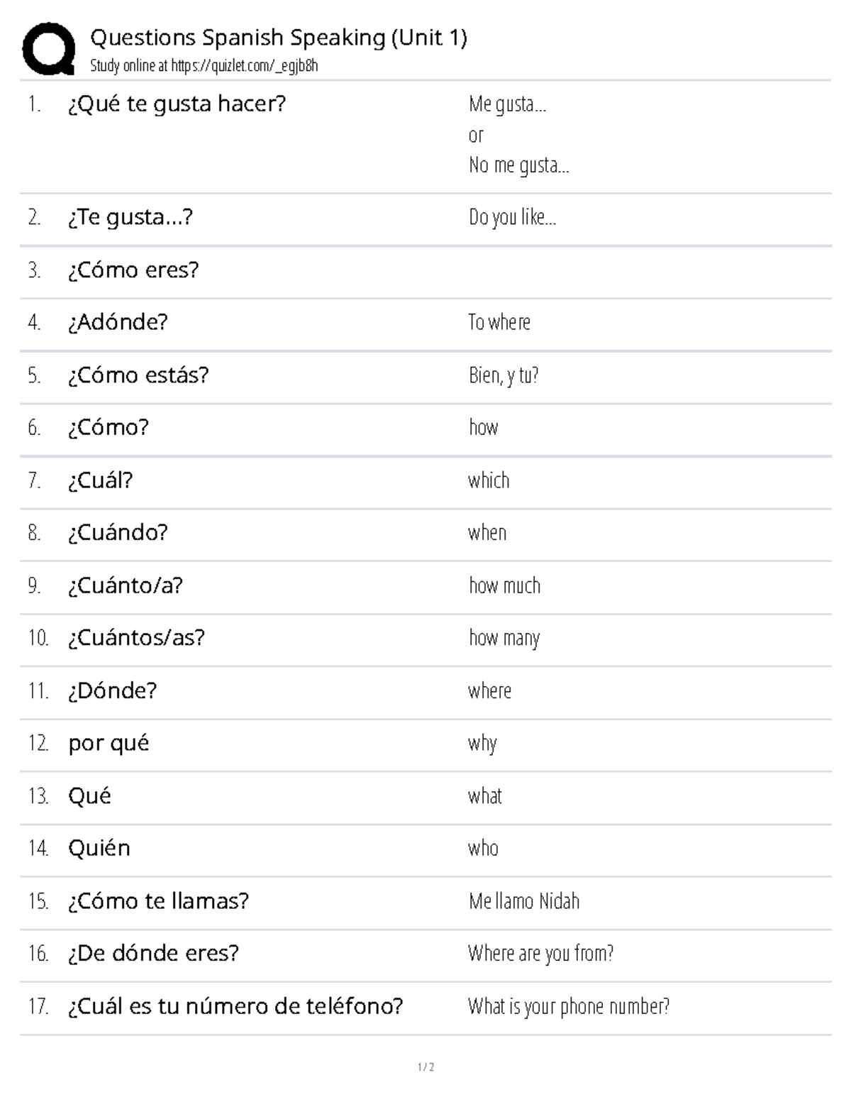 Spanish Speaking Questions (Unit 1) Study Guide - Studocu