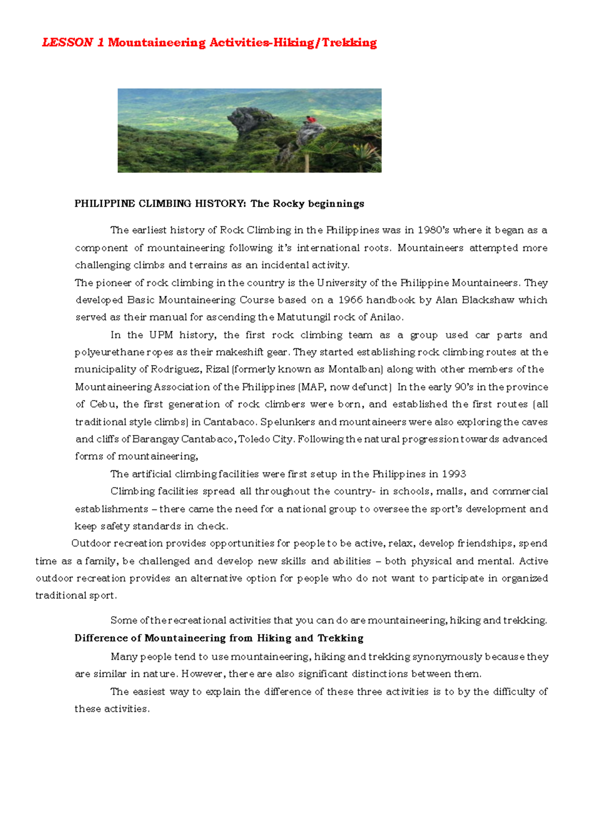 PEH 12 Q4 W1 - Lesson 1: Overview of Mountaineering Activities - Studocu