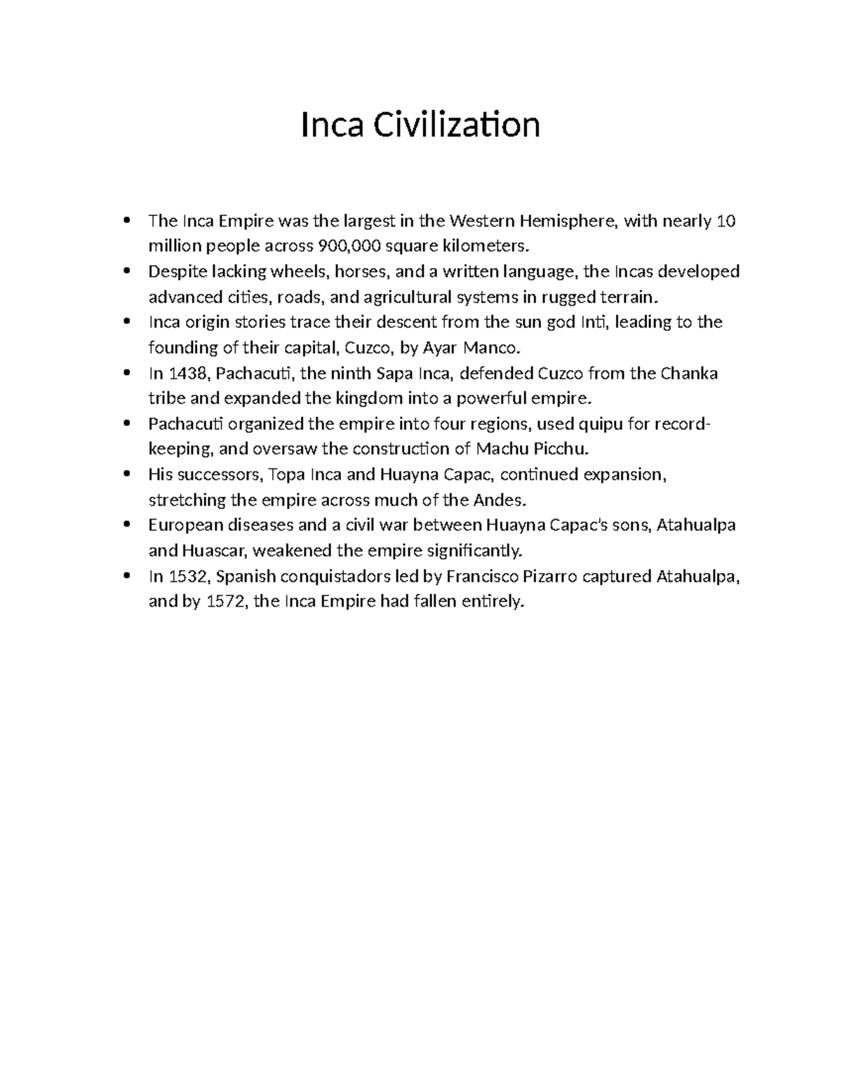 Inca Civilization: An Overview of the Inca Empire's Rise and Fall - Studocu