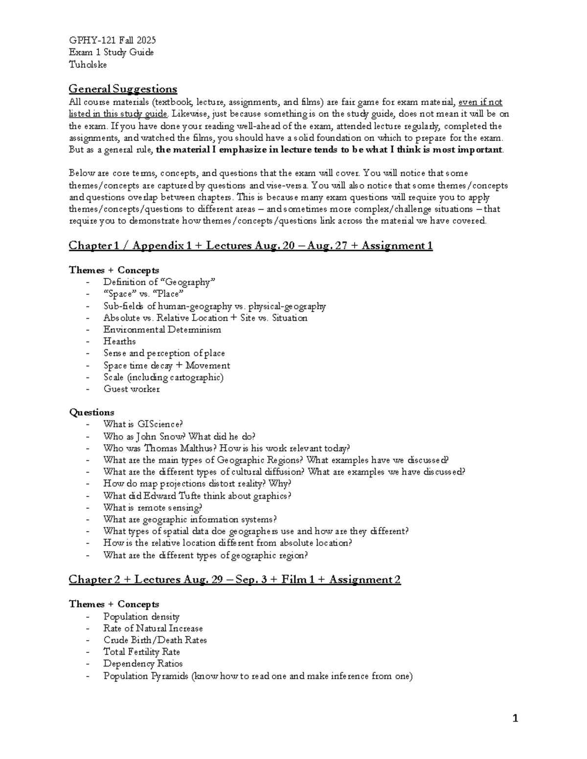 GPHY-121 Fall 2025 Exam 1 Study Guide: Key Concepts & Questions - Studocu