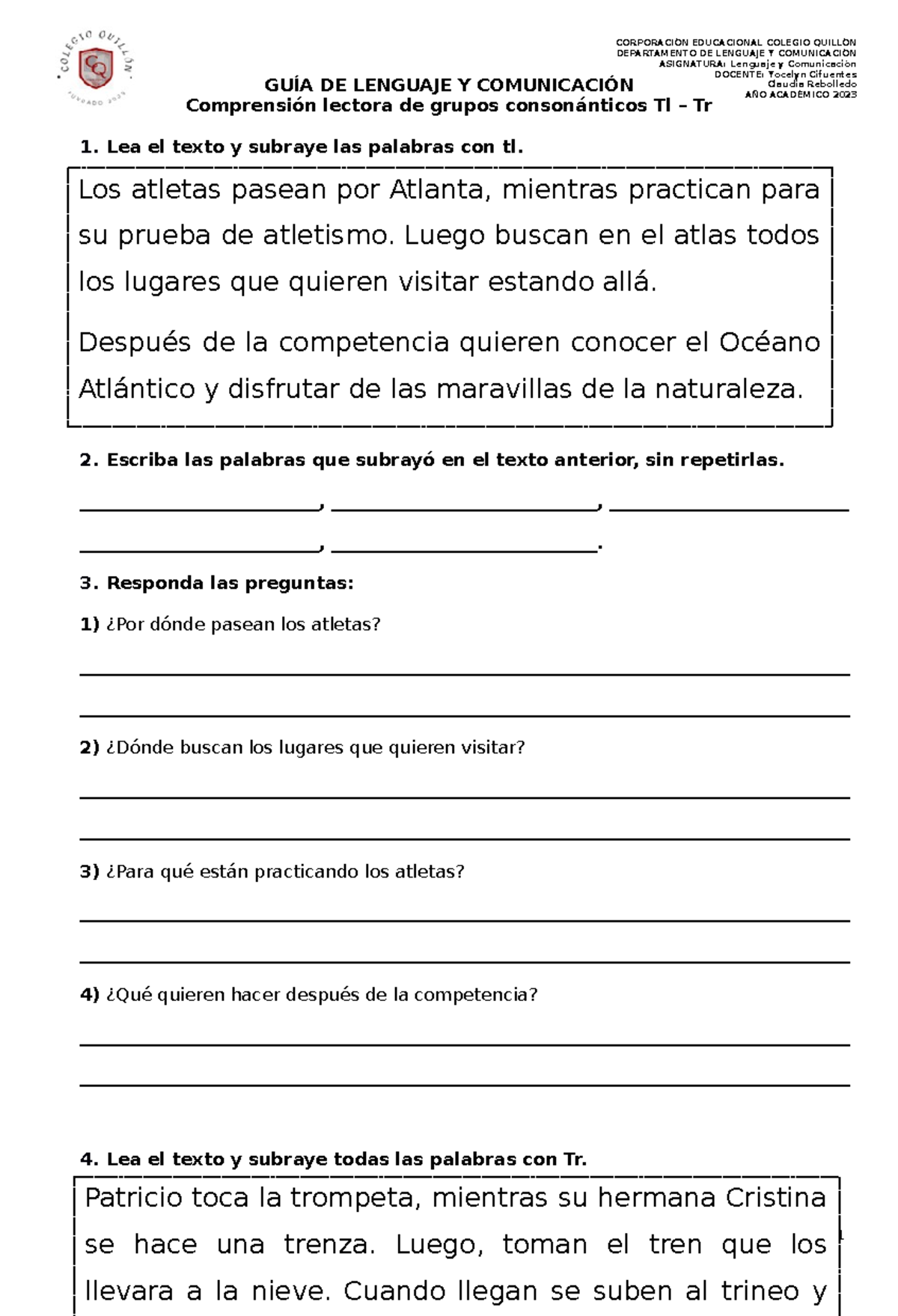 Comprensión Lectora de Grupos Consonánticos Tl - Tr para Lenguaje y ...