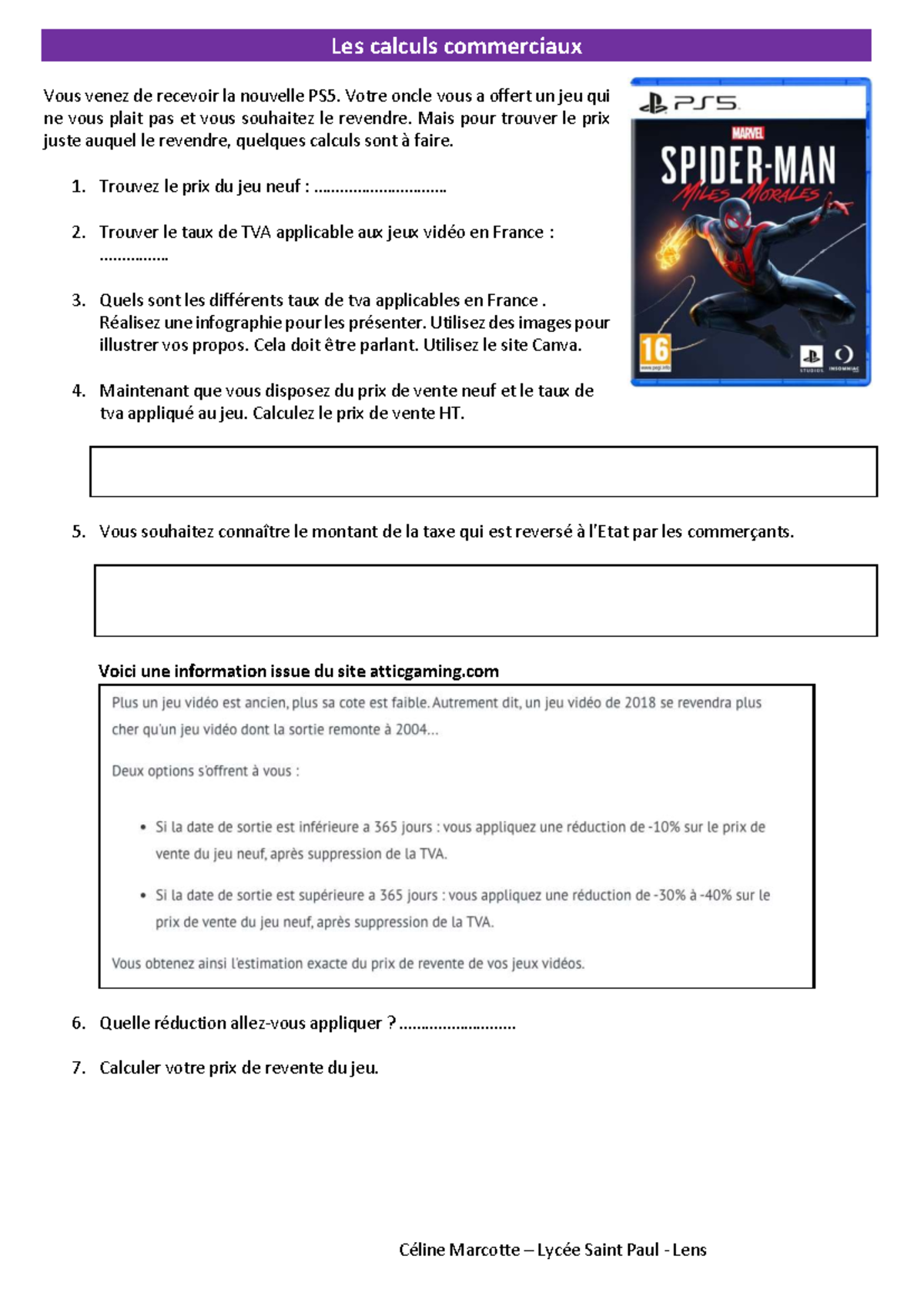 Calculs Commerciaux pour la Revente d'un Jeu Vidéo - 95099753 - Studocu