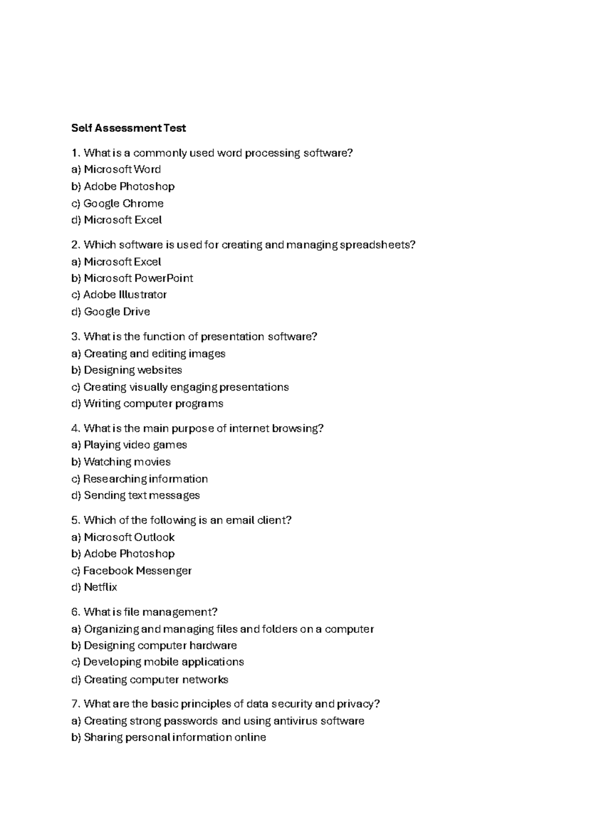 ICT Practice Questions: Self Assessment Test 1 - Studocu