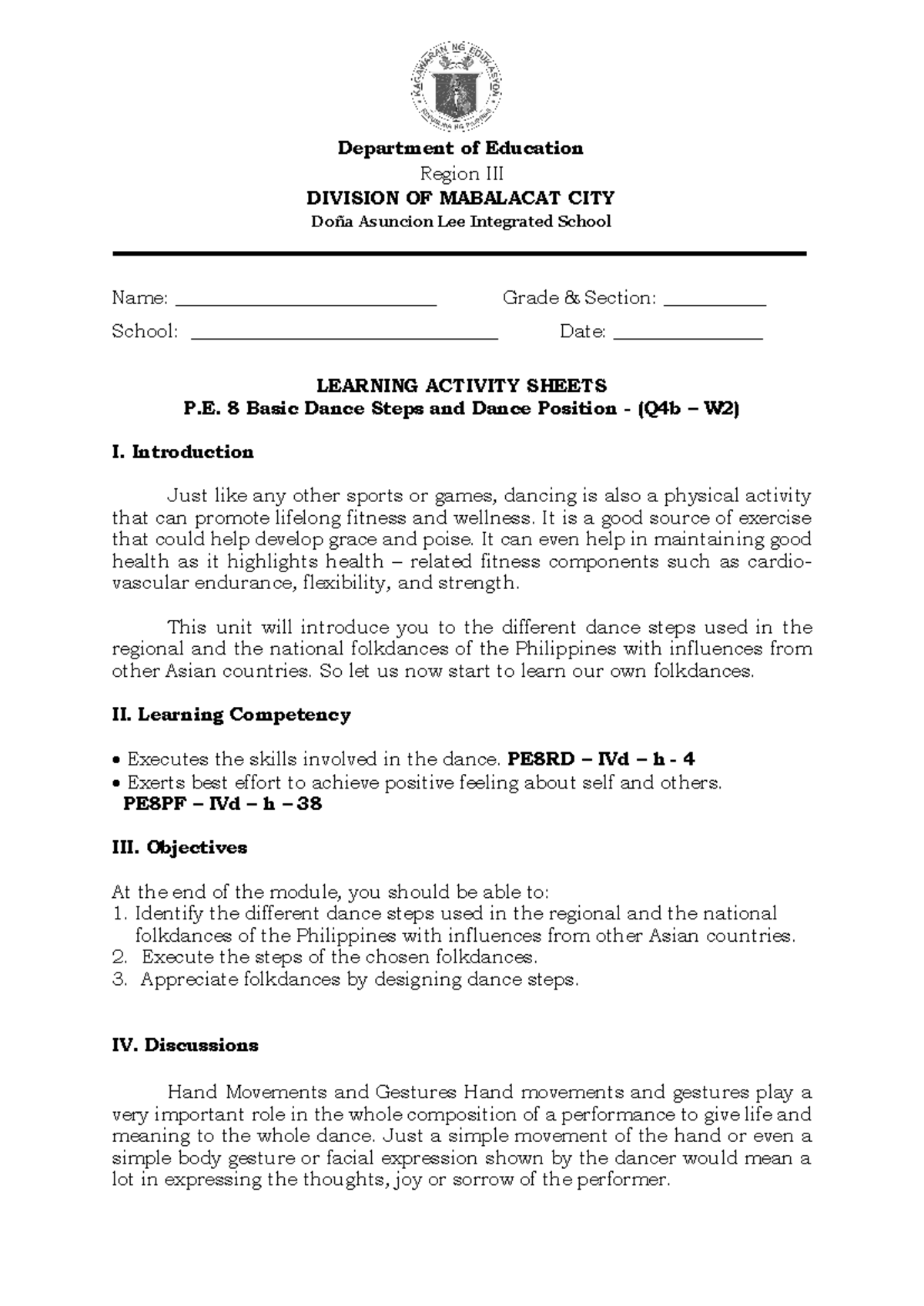 LAS Q4 - PE8 - Lesson 2. Basic Dance Steps and Dance Position ...