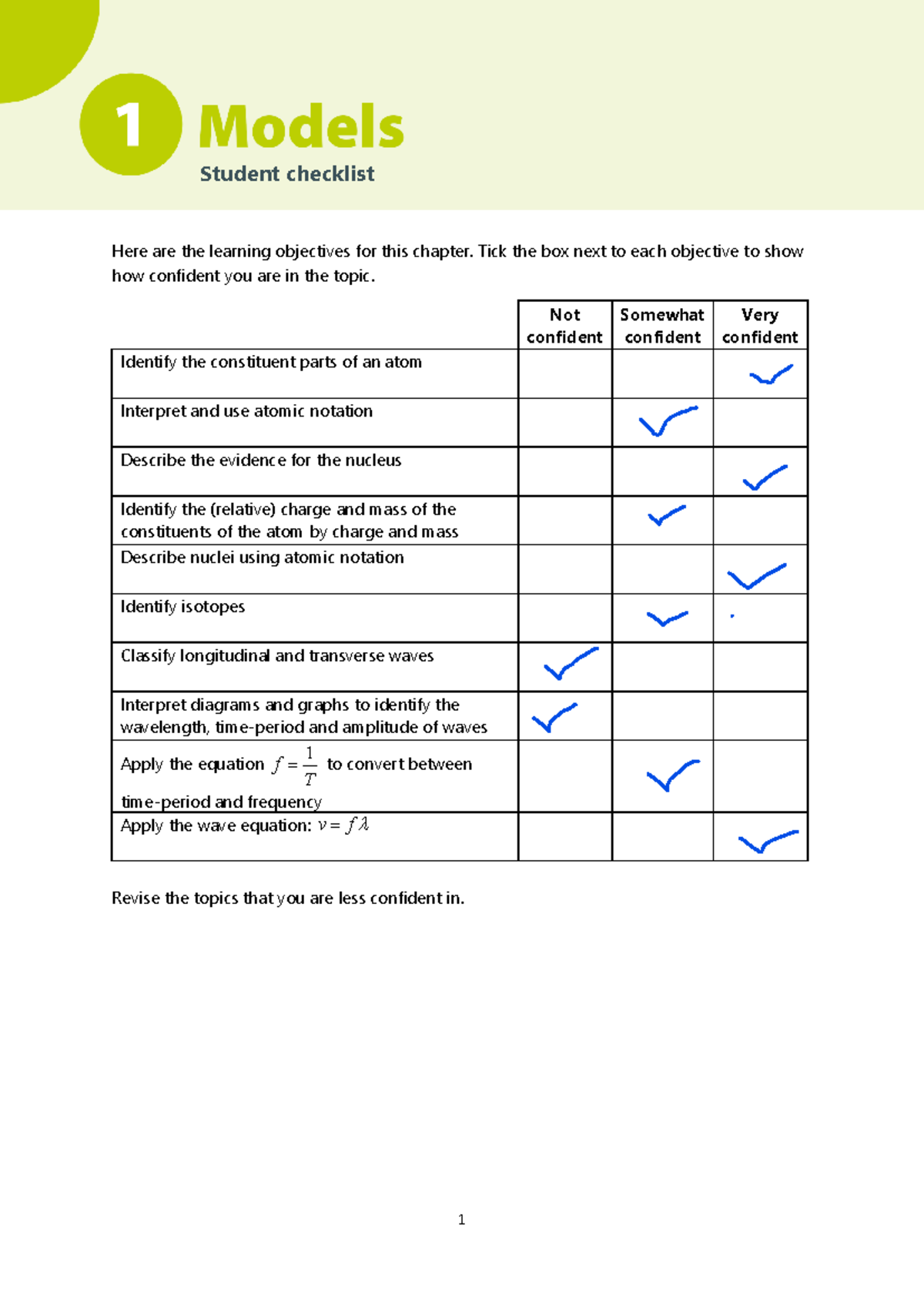 MYP Physics Student Checklists: Confidence in Learning Objectives - Studocu