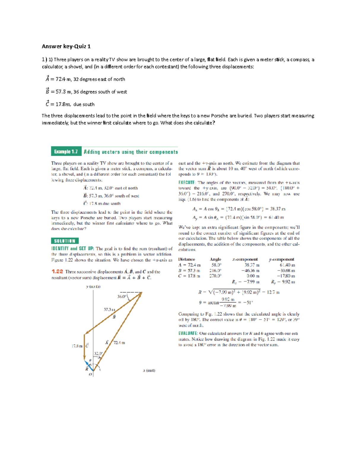 Quiz 1 Answer Key - Physics Displacement & Motion Problems - Studocu
