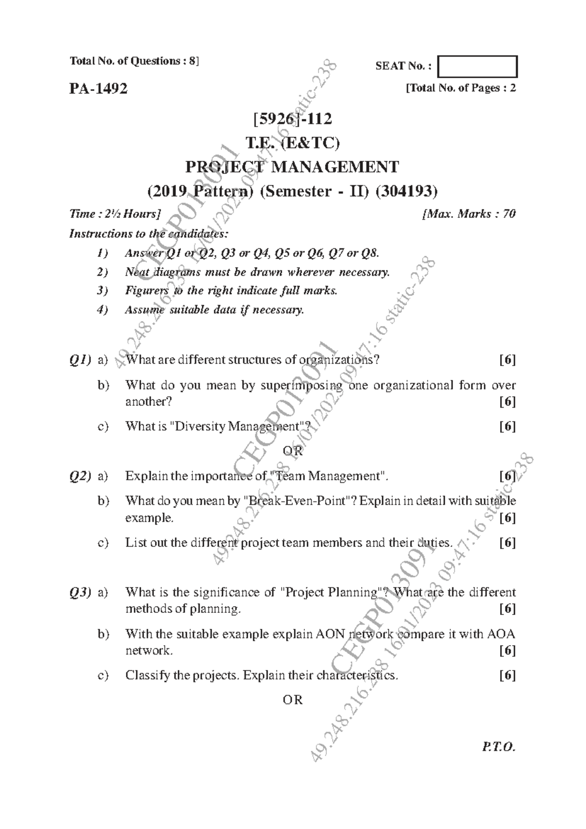 T.E. PROJECT MANAGEMENT (304193) Nov-Dec 2022 Question Paper Solutions ...