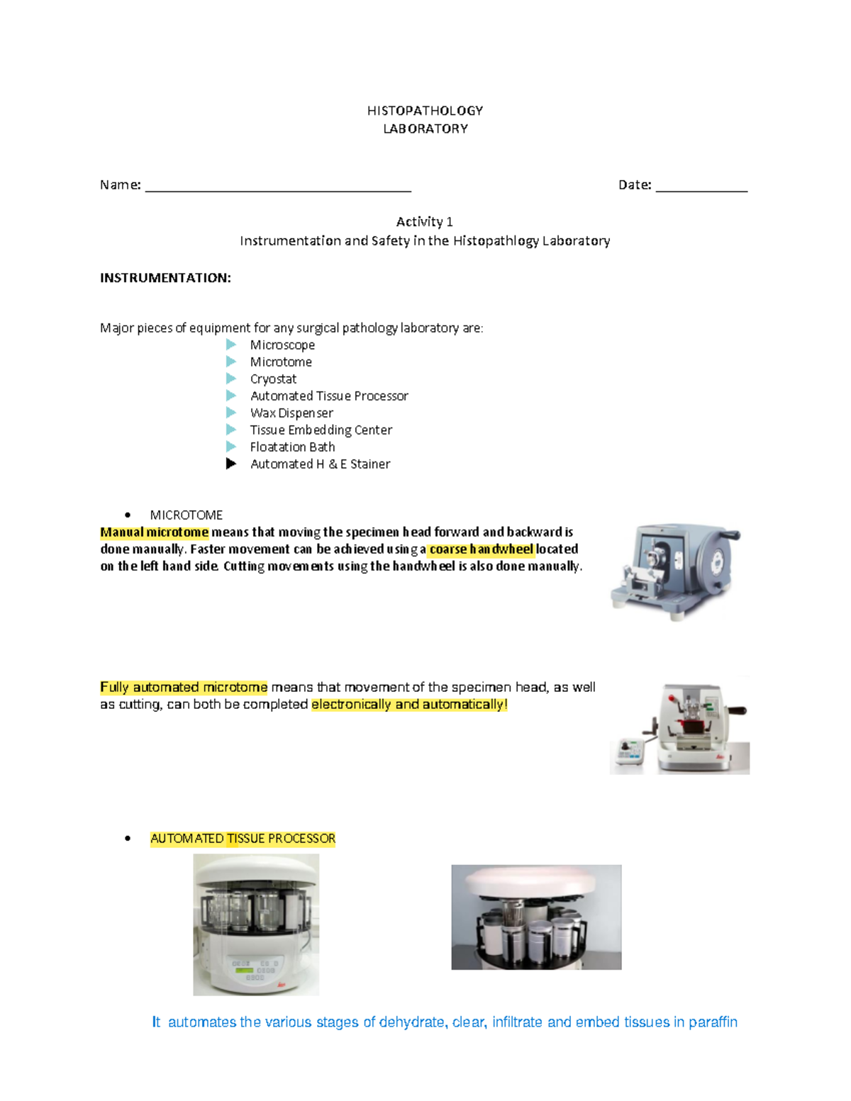 HISTOPATH 1 Lab Manual: Instrumentation, Safety, and Specimen Handling ...