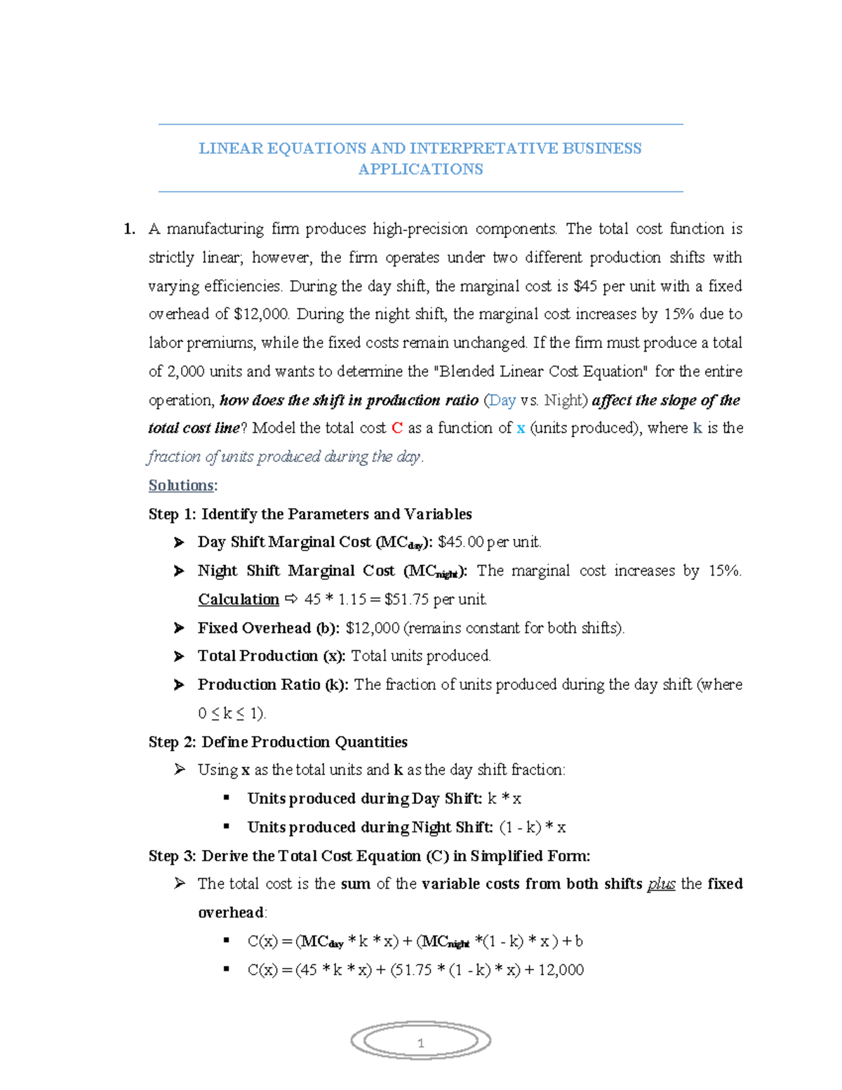 Business Maths Practice Set: Linear Equations & Applications - Studocu