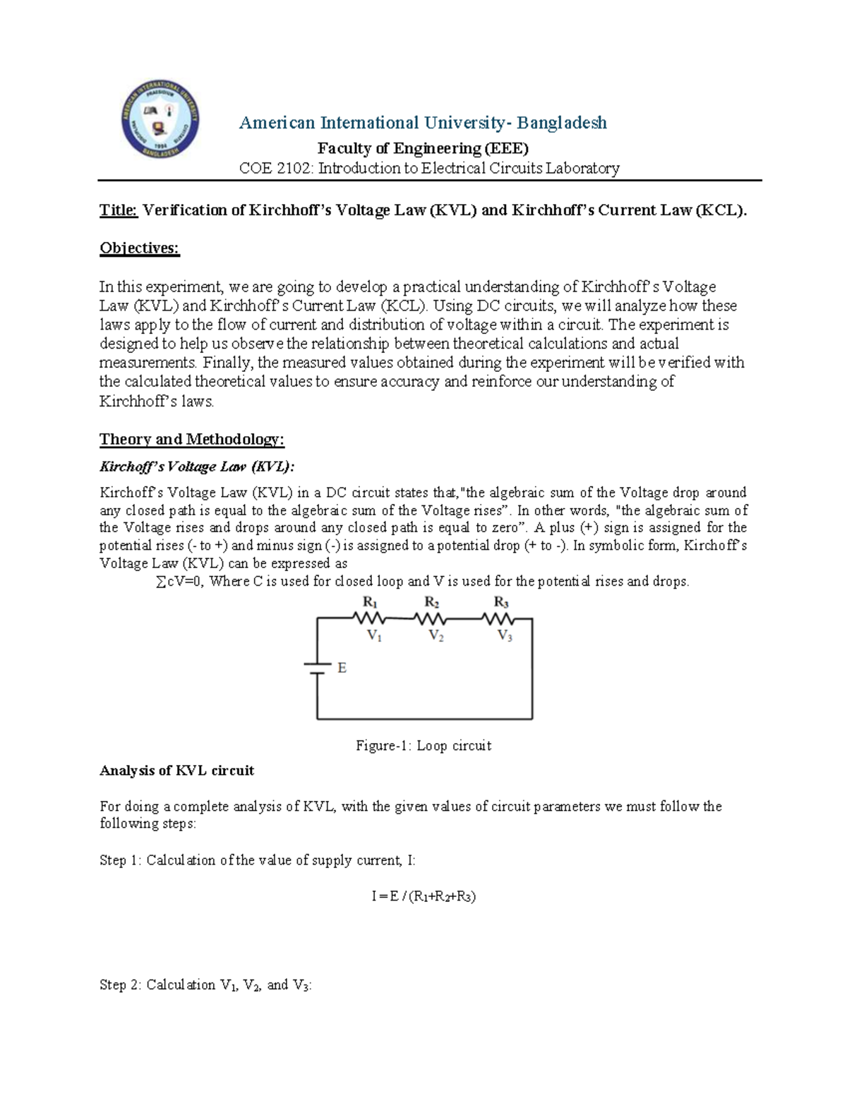 COE 2102: KVL and KCL Verification in Electrical Circuits Lab - Studocu