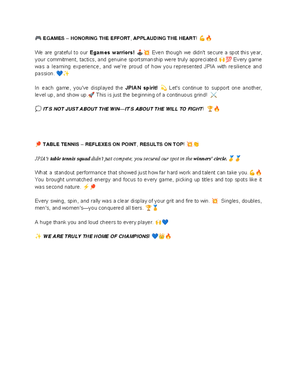HONORING THE EFFORT: JPIA Egames Table Tennis Highlights - Studocu