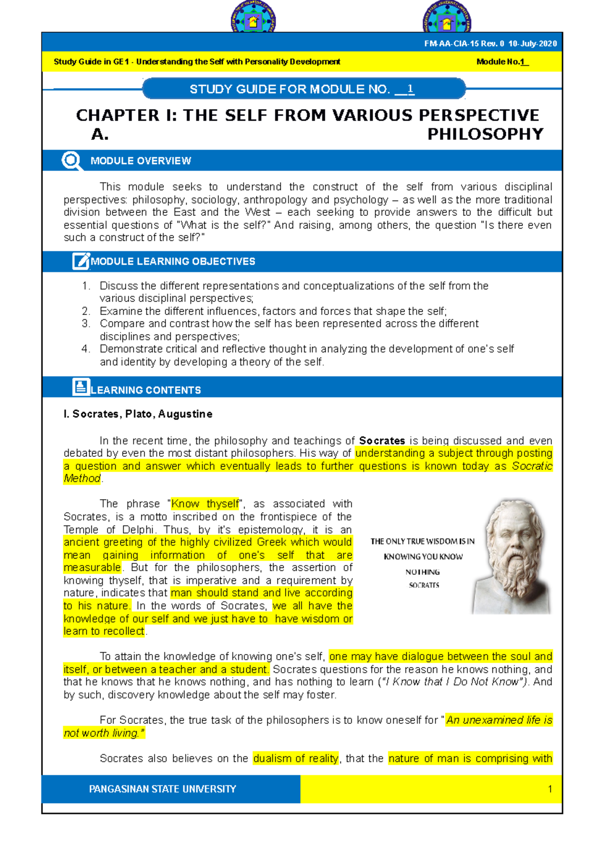 GE1 Understanding the Self -Module 1-Philosophy - 1 CHAPTER I: THE SELF ...