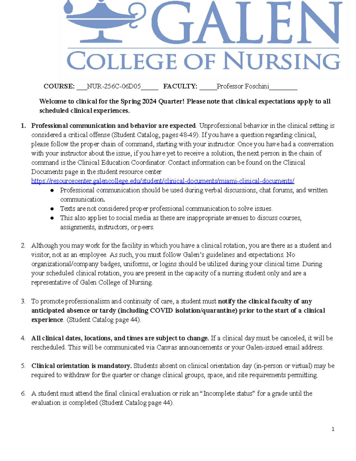 Clinical Expectations and Guidelines for NUR 256 - Spring 2024 - Studocu