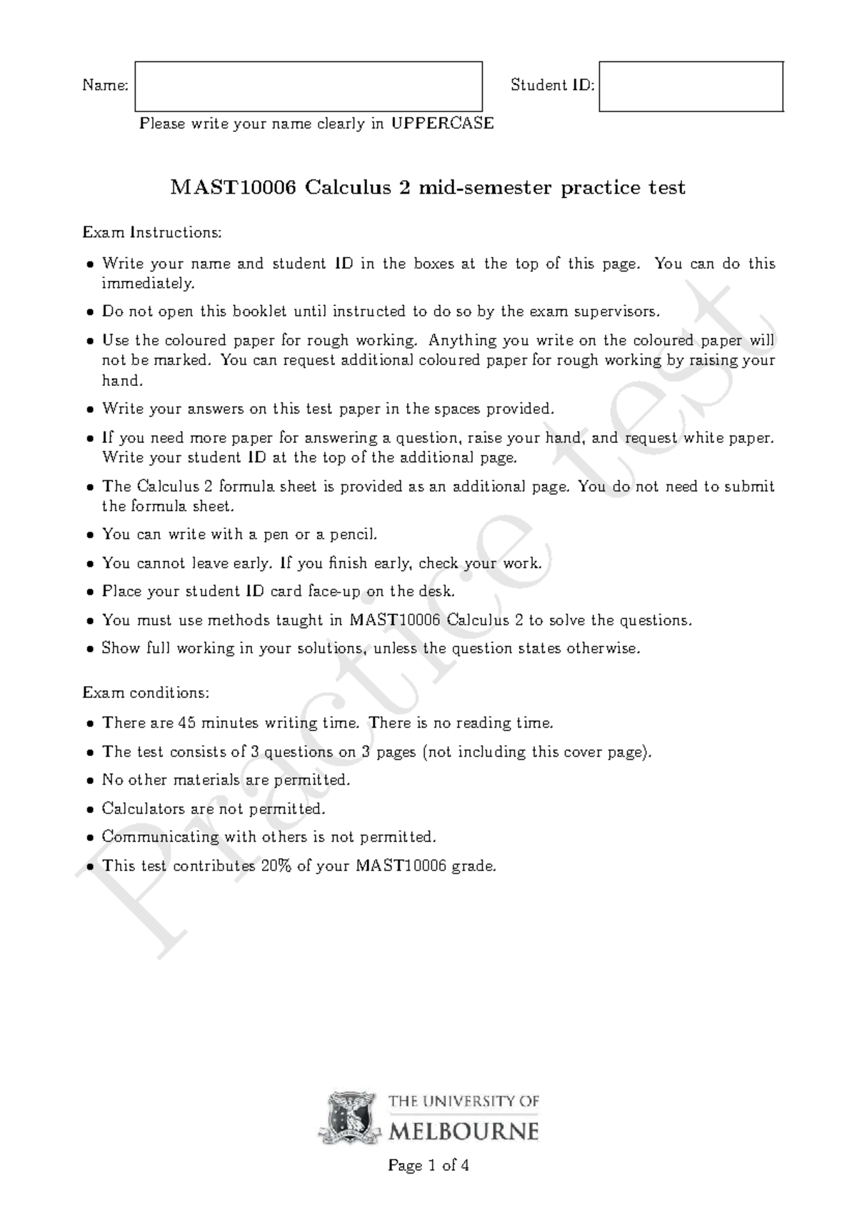 Practice Mid-Semester Test MAST10006: Calculus 2 Exam Instructions ...